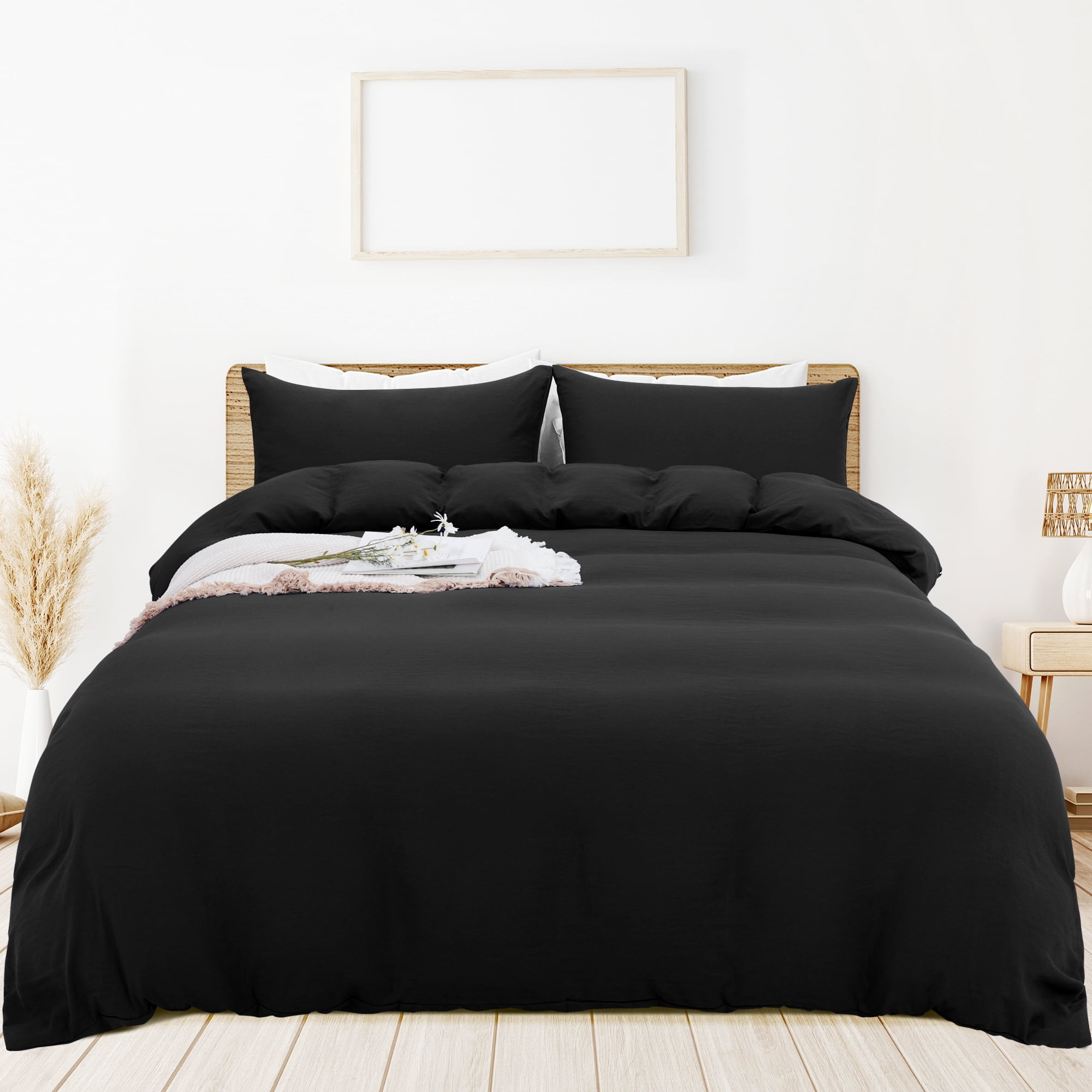 PiccoCasa 3 Pieces Microfiber Soft Breathable Duvet Cover Set Black ...
