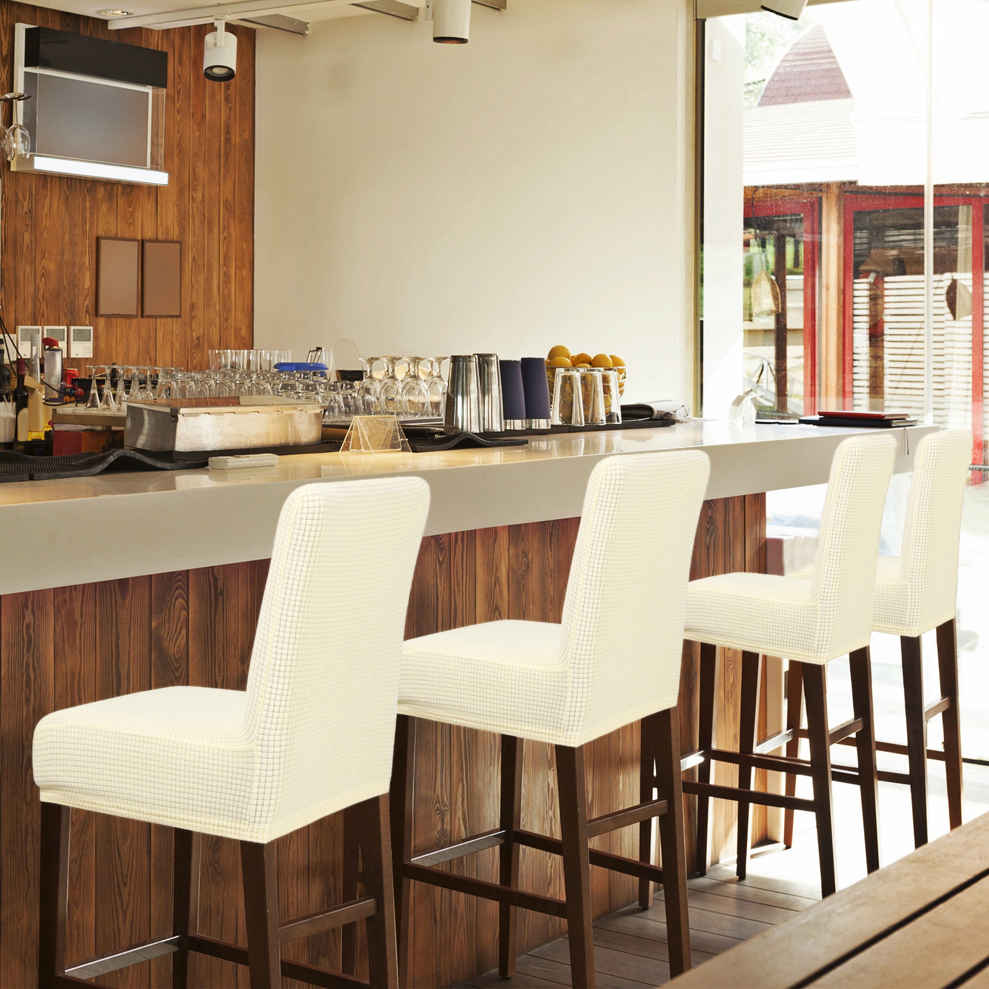 PiccoCasa 4Pcs Elastic Slipcovers for Short Back Bar Stool Seat, Beige ...