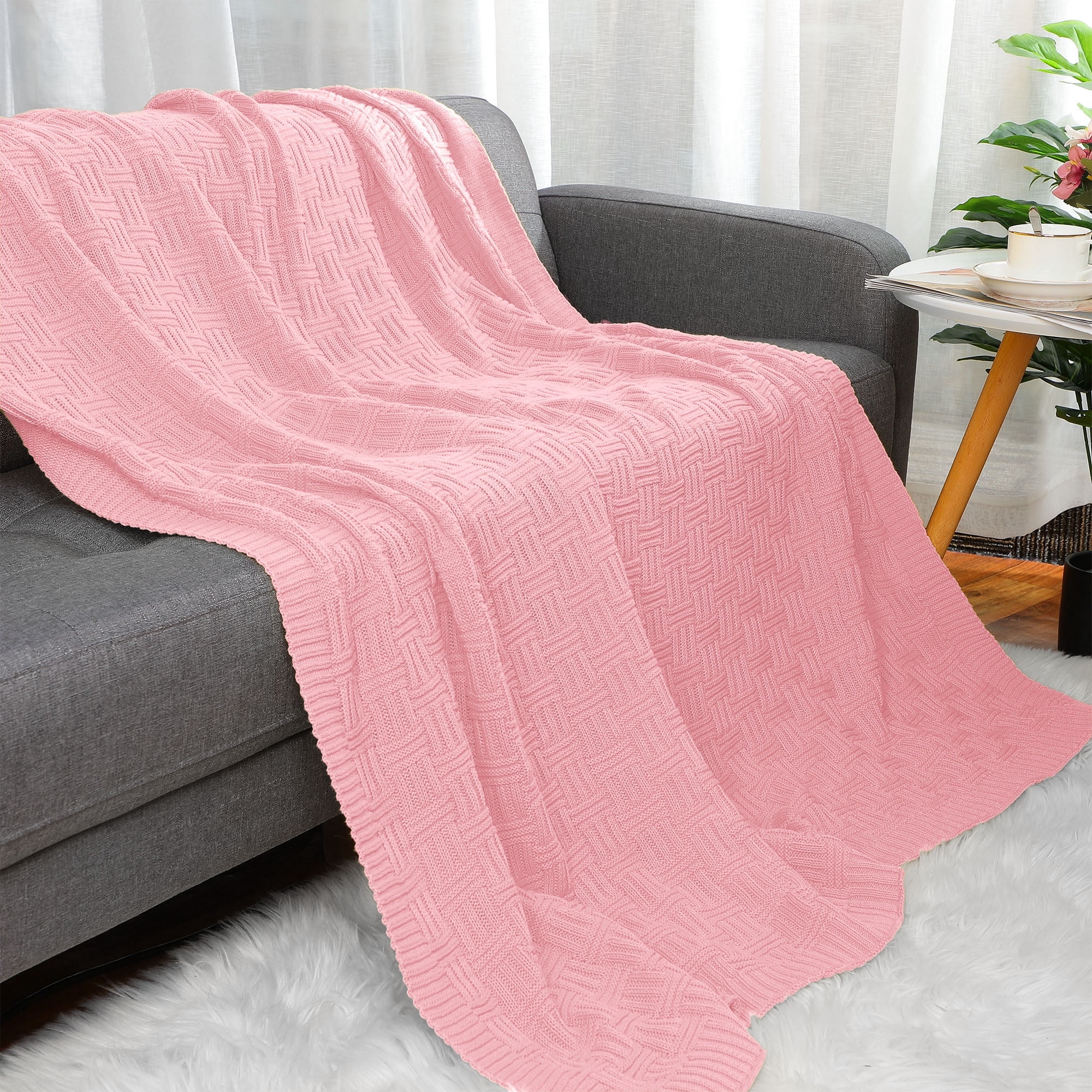 PiccoCasa Cotton Knitted Throw Blanket for Bed or Sofa, Light Pink ...