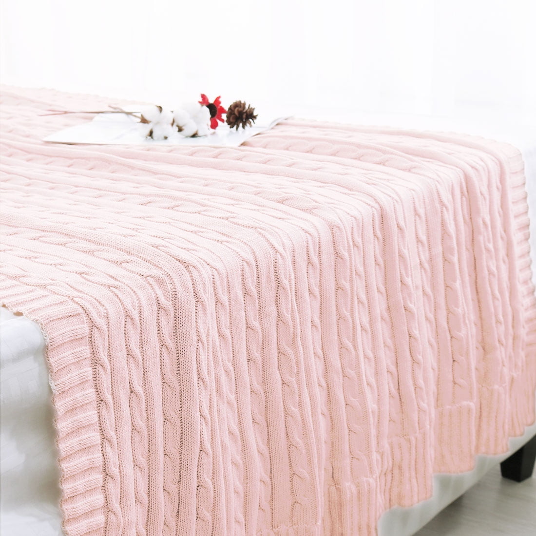 PiccoCasa Cotton Throw Blanket Cable Knit Decorative Blanket, Pink 47 ...