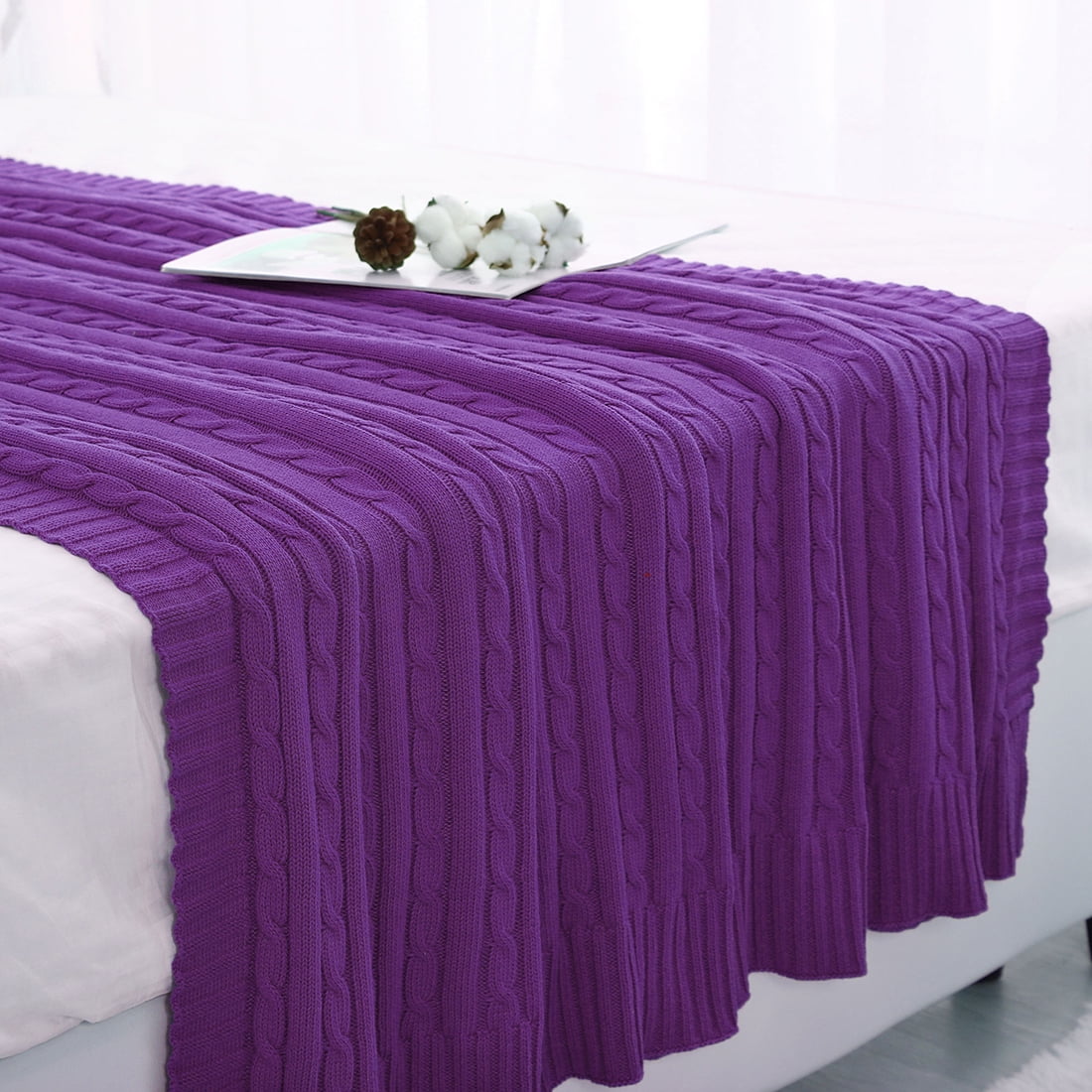 PiccoCasa Cotton Throw Blanket Cable Knit Decorative Blanket, Purple 47 ...