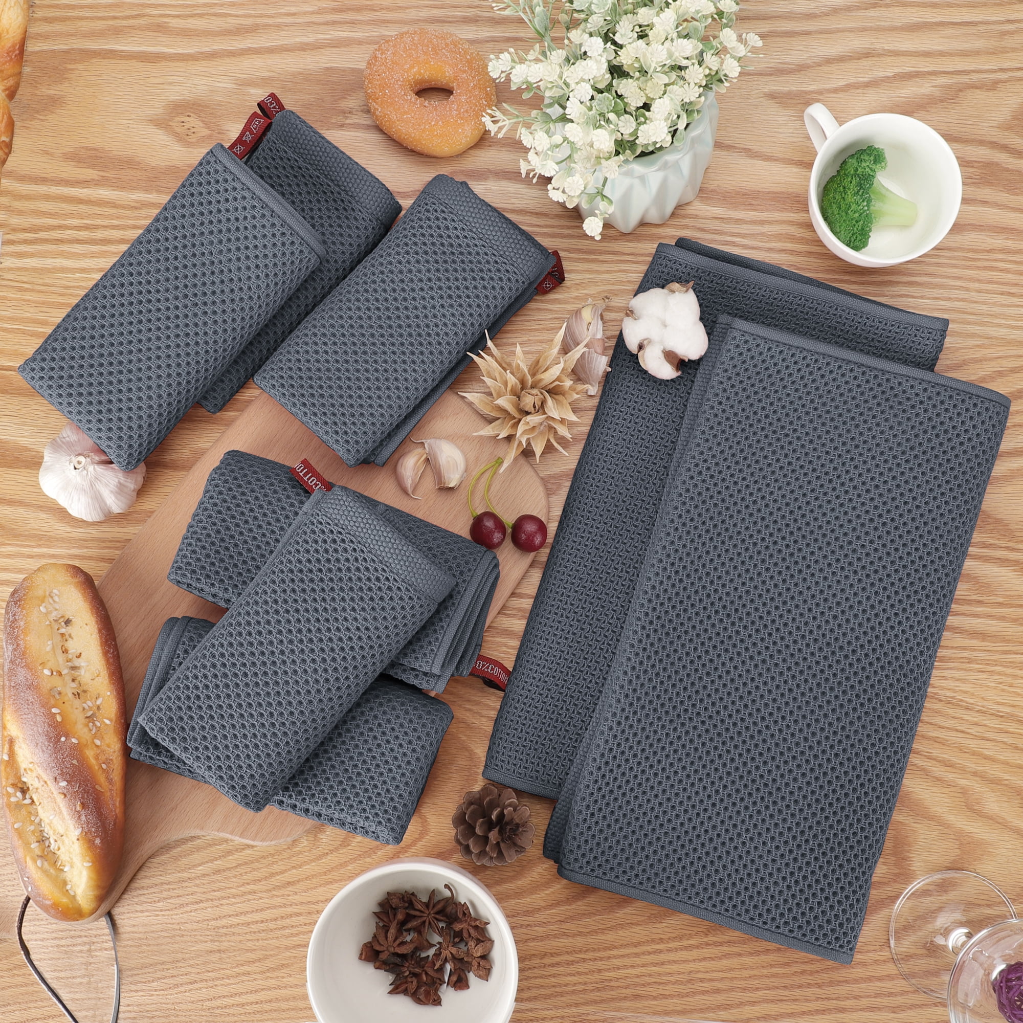 PiccoCasa Cotton Waffle Weave Kitchen Dish Hand Towels Set 8PCS Dark ...