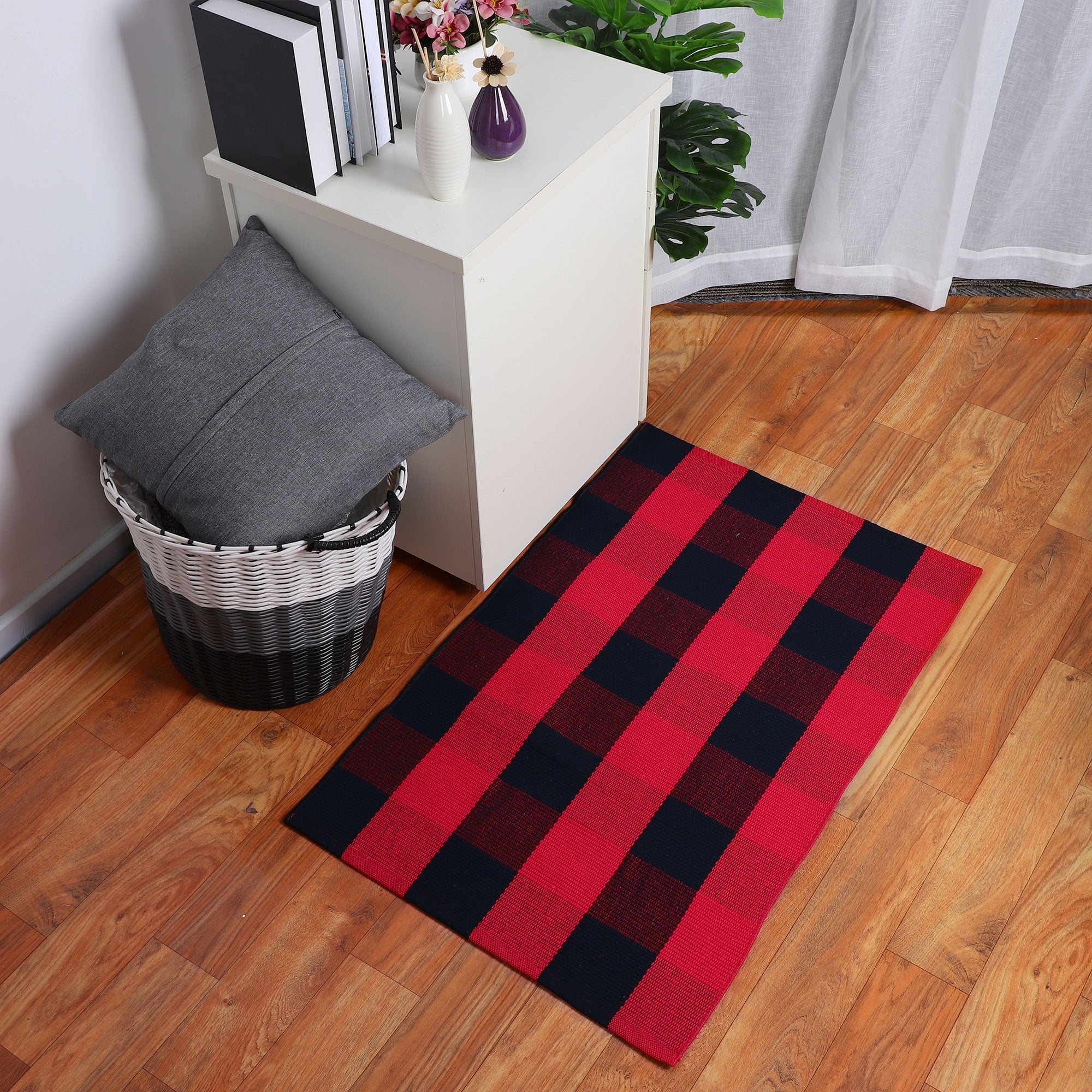 PiccoCasa Cotton Woven Buffalo Plaid Area Floor Rug, Red Black, (35.4 ...