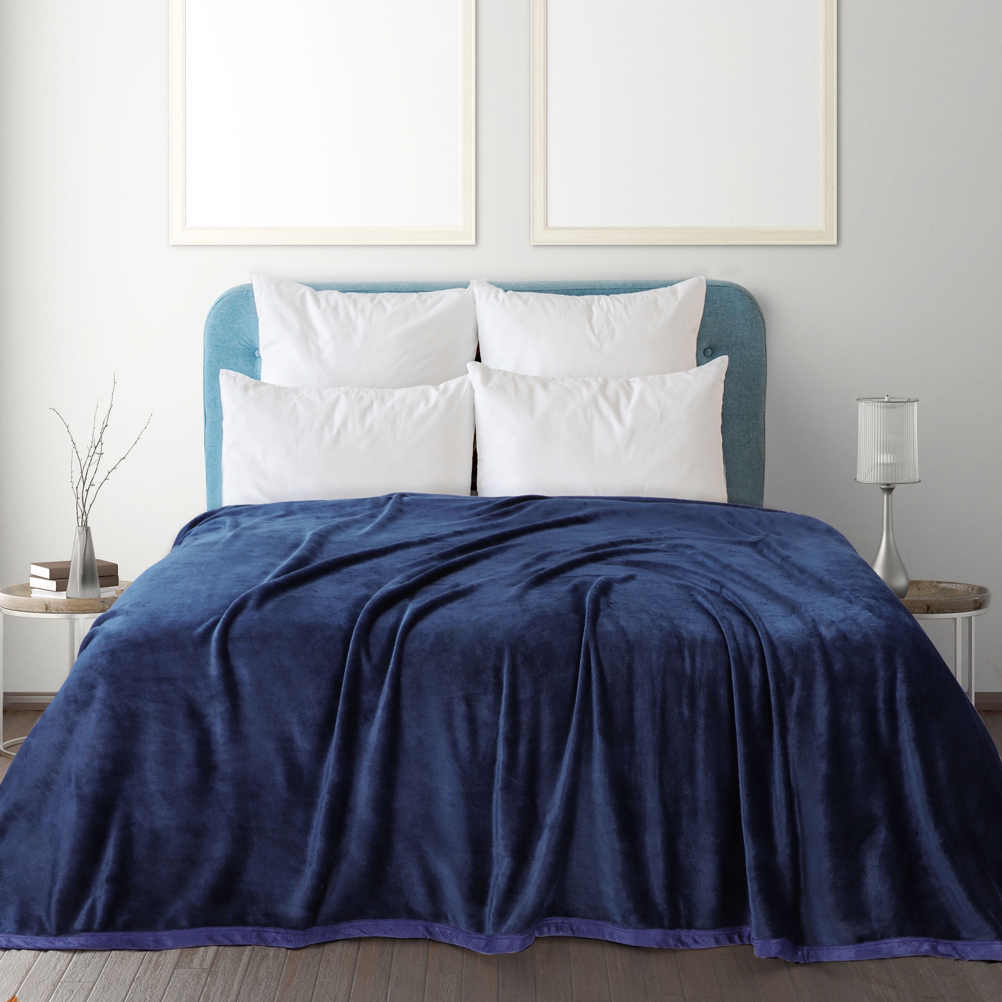 PiccoCasa Flannel Fleece Blanket Soft Warm Wide Hemmed Navy Blue Twin ...