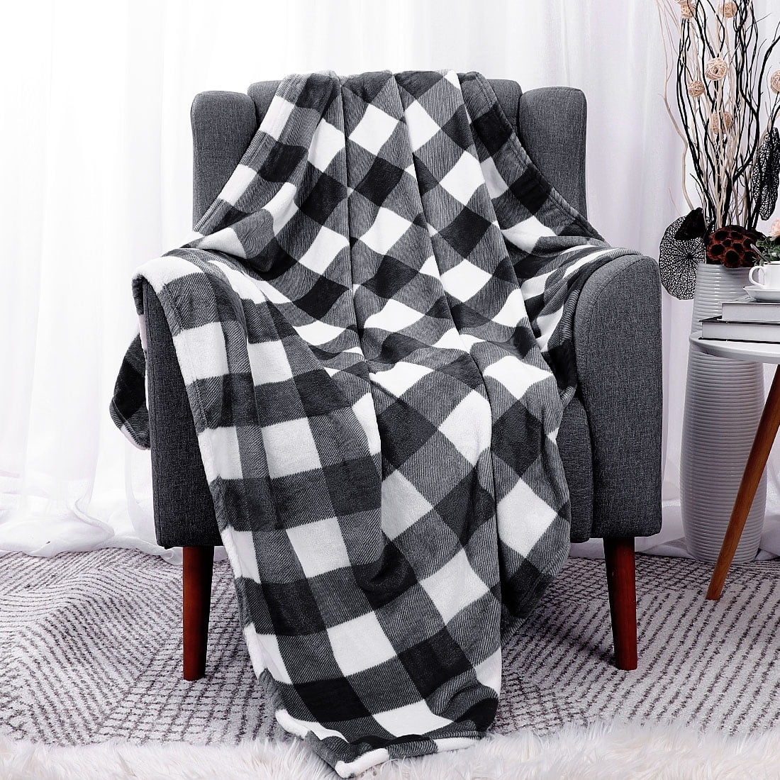 PiccoCasa Flannel Fleece Checkered Decorative Throw Blankets for Sofa ...