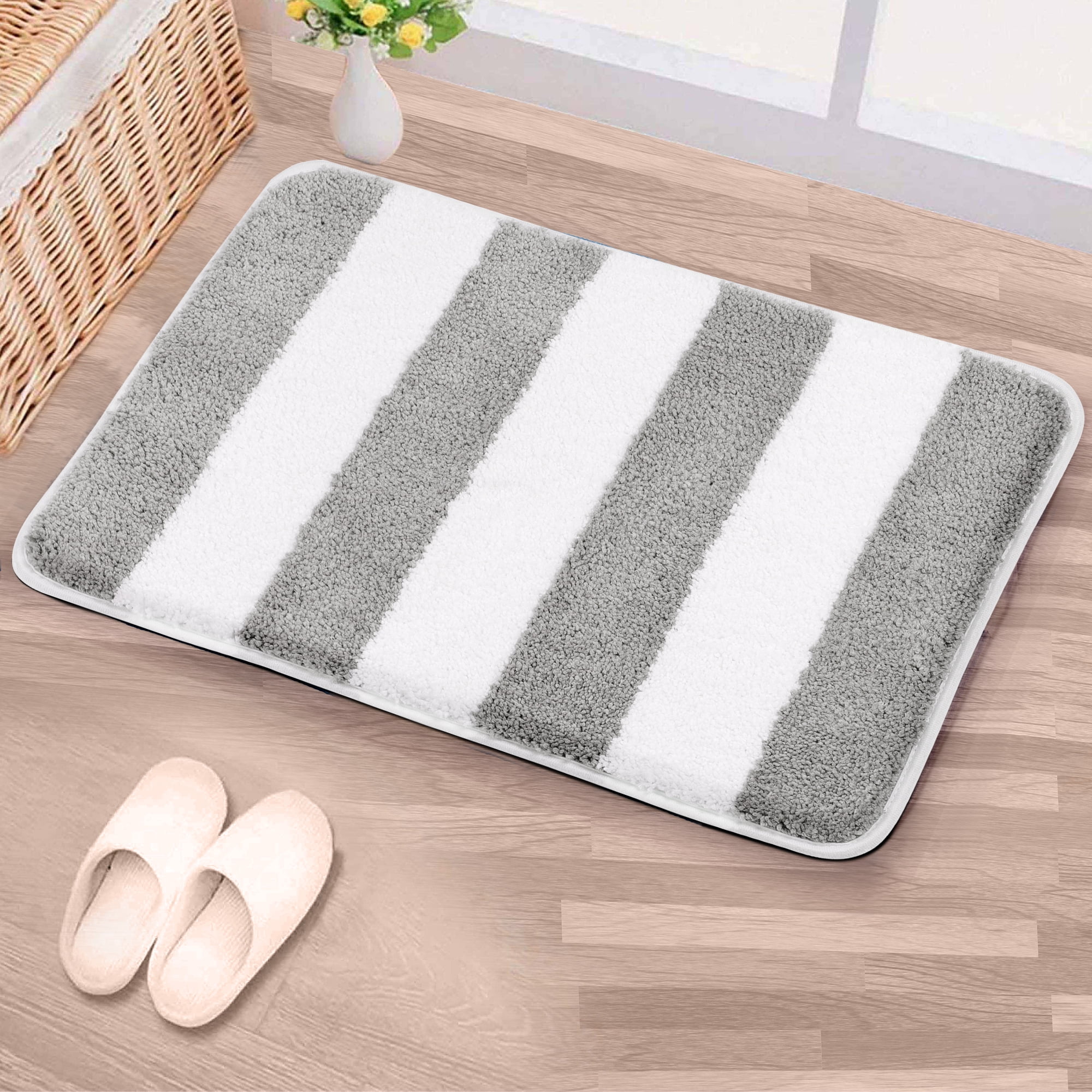 PiccoCasa Microfiber Striped Bathroom Rugs Non Slip Gray&White 17"x24 ...