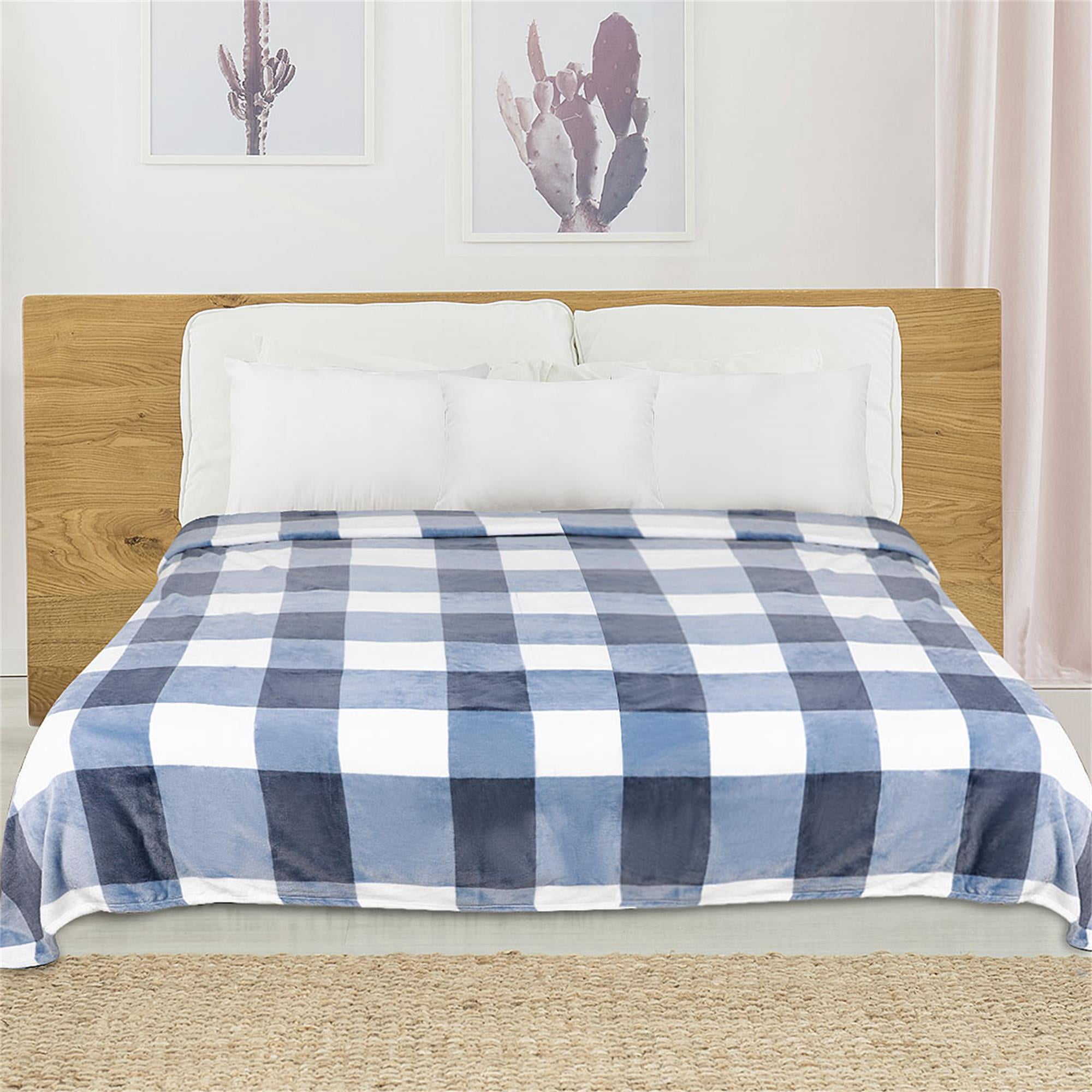 PiccoCasa Plaid Flannel Fleece Blanket For Bed Sofa Couch, Blue and ...
