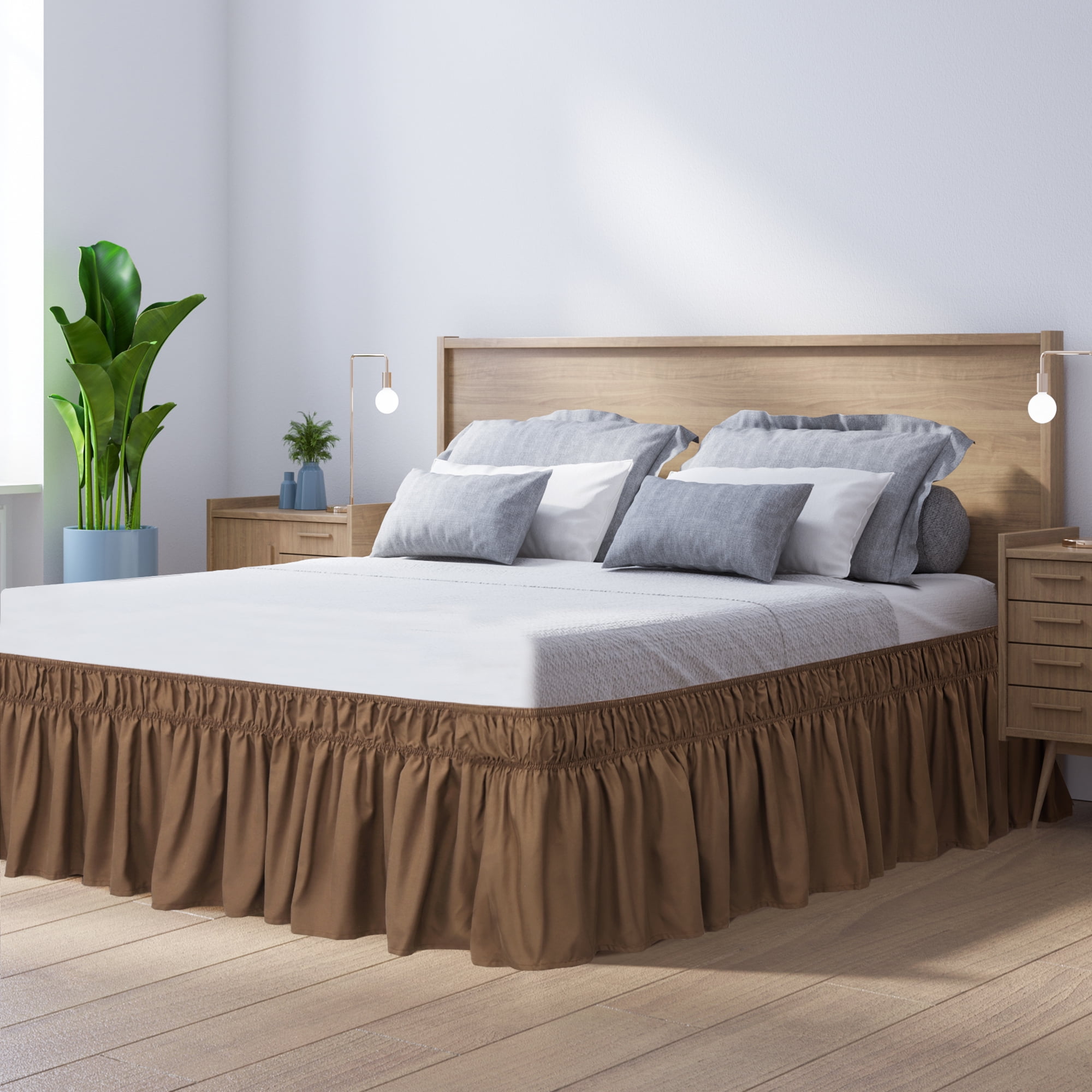 PiccoCasa Polyester Wrap Around Dust Ruffle Bed Skirt 15" Drop for Queen Size Bed, Coffee ...
