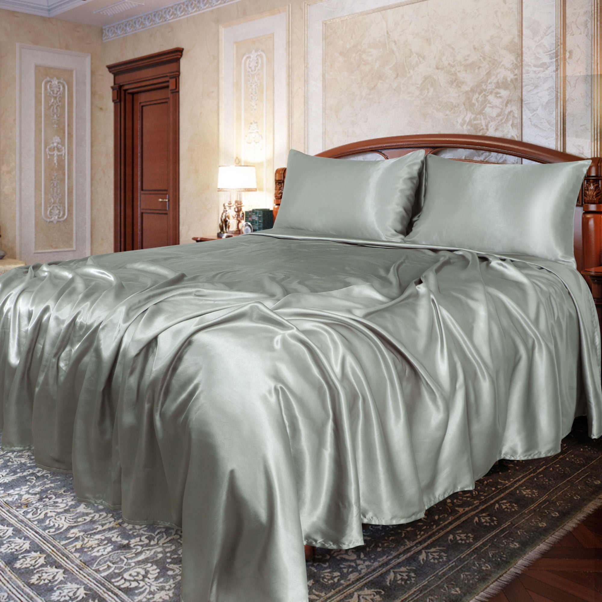 PiccoCasa Satin Sheet Set 4 Pcs Polyester Silky and Soft Sheets Ash ...