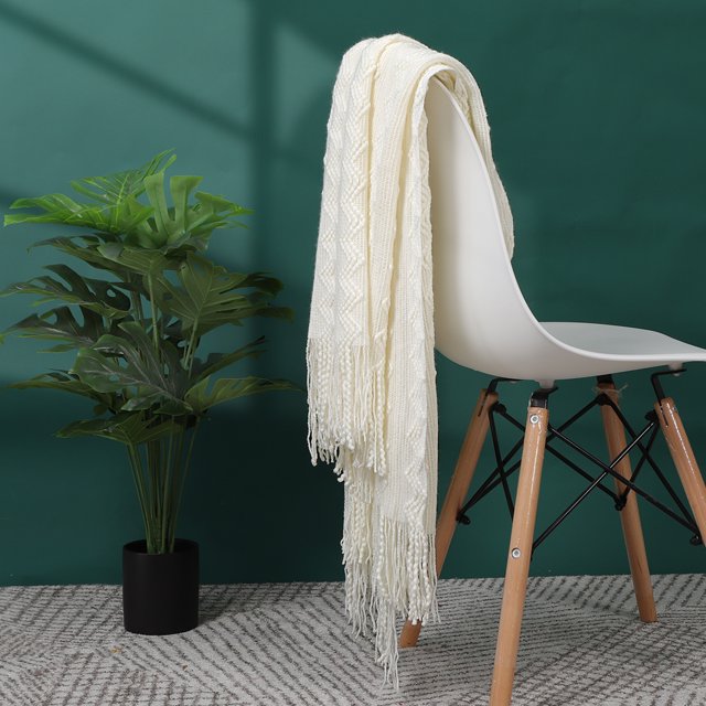 PiccoCasa Soft Arcylic Farmhouse Tassel Throw Blanket, 50"x60", Cream ...