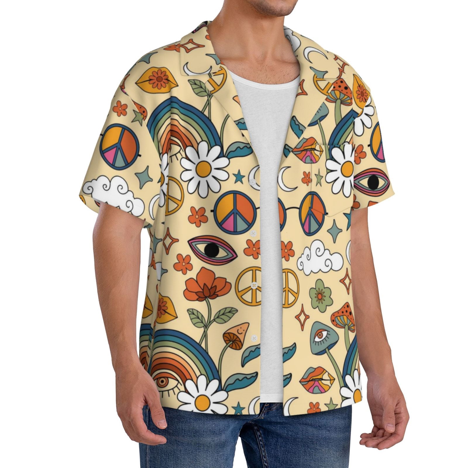 Picia 70s Hippie Style Men's Linen Shirts Short Sleeve Cuban Beach ...