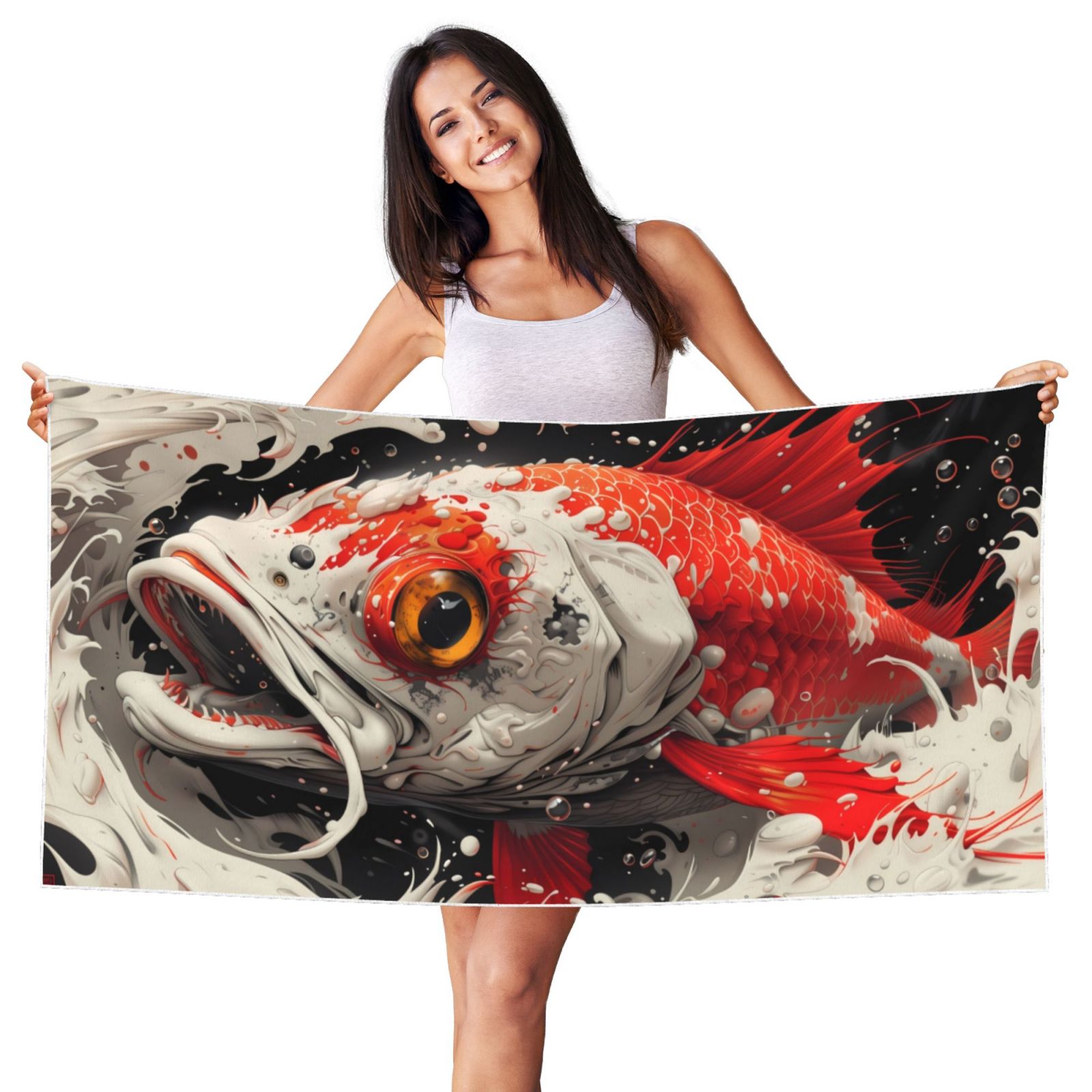 Picia Abstract Red Koi Fish Art Print Silver Fox Velvet Beach Towel ...