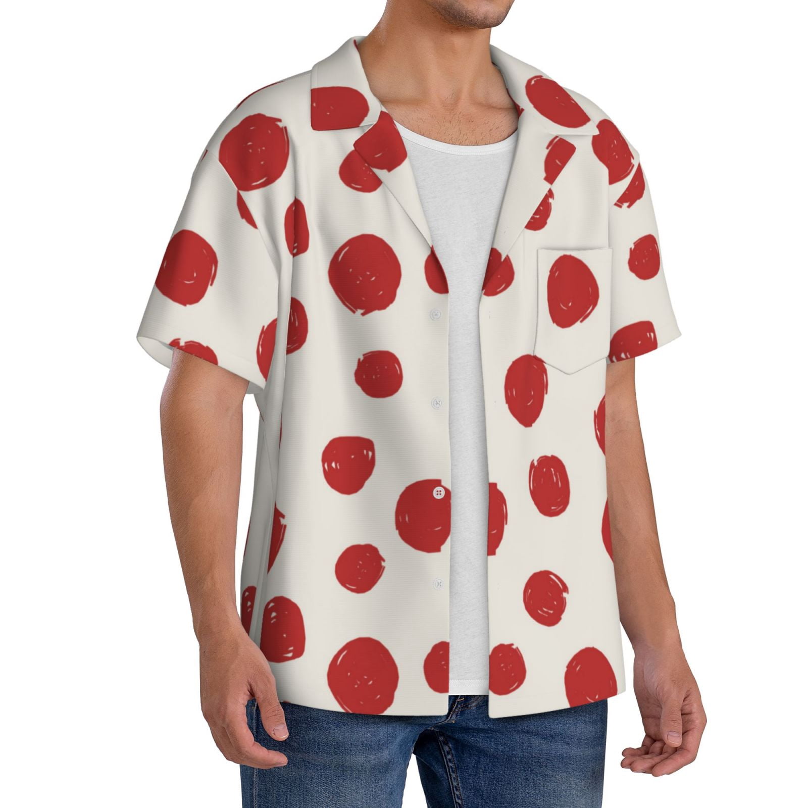 Picia Abstract Red Polka Dot Men's Linen Shirts Short Sleeve Cuban ...