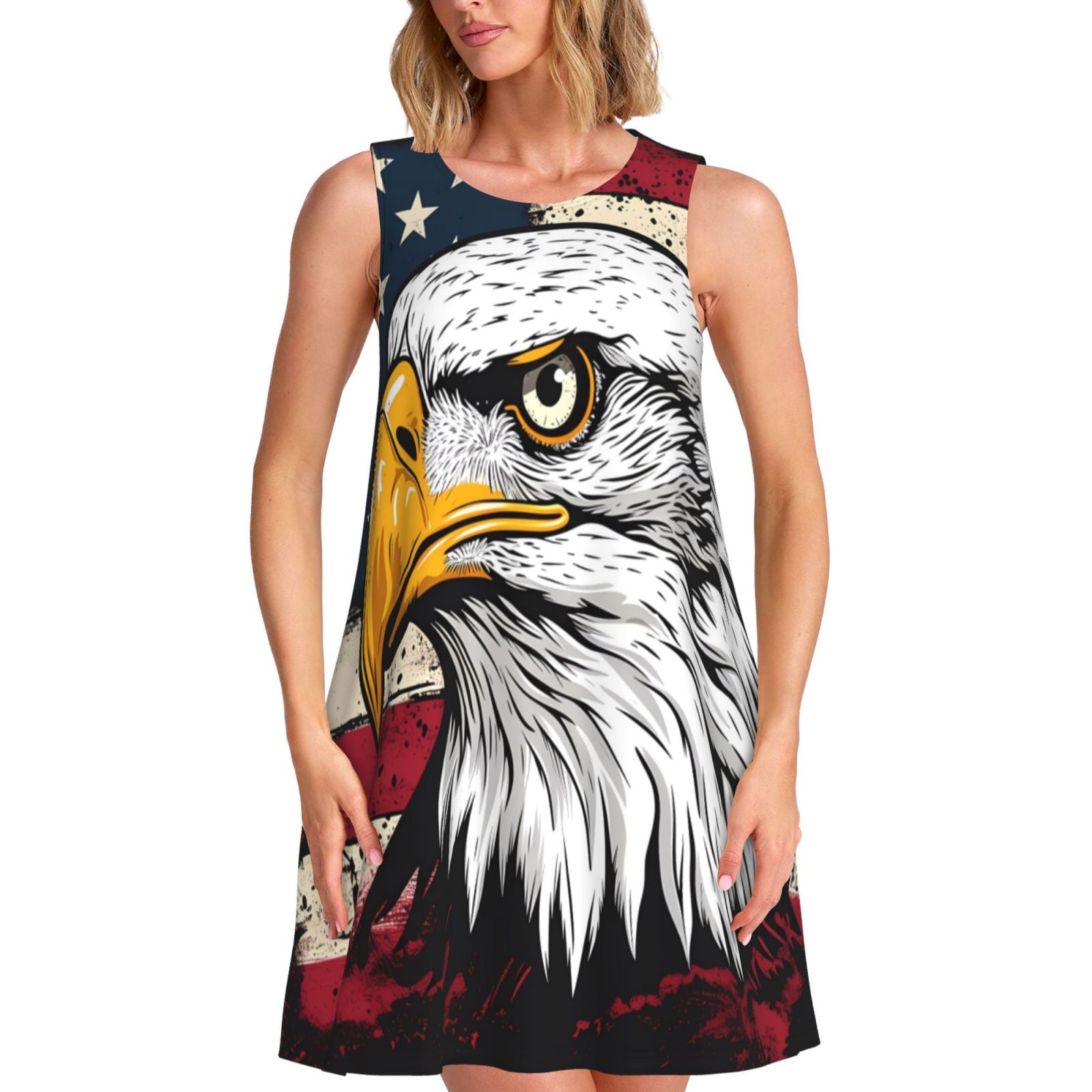 Picia American Bald Eagle Print Women’s Sleeveless Midi Swing Dress – A ...