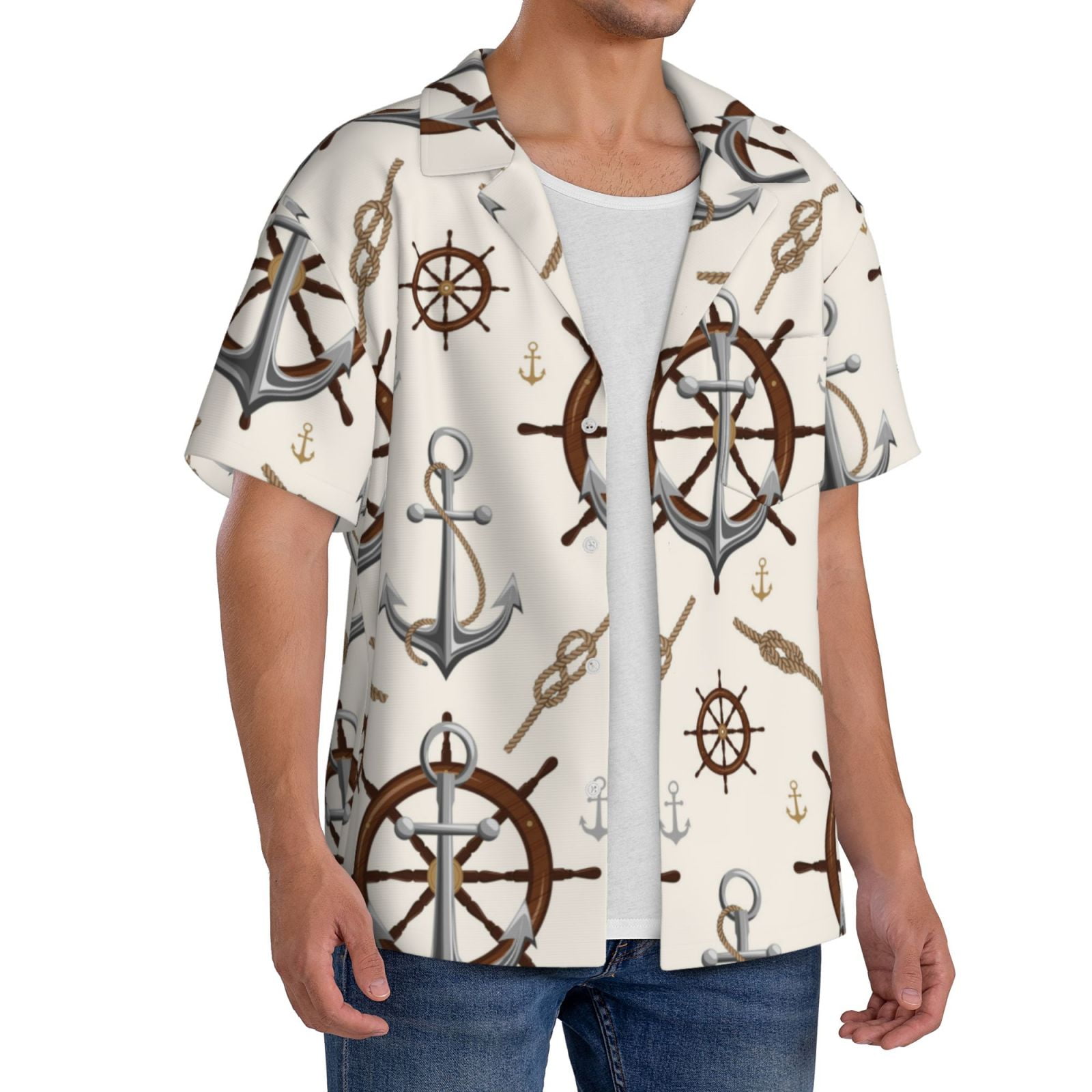 Picia Anchor with Rope Men's Linen Shirts Short Sleeve Cuban Beach ...