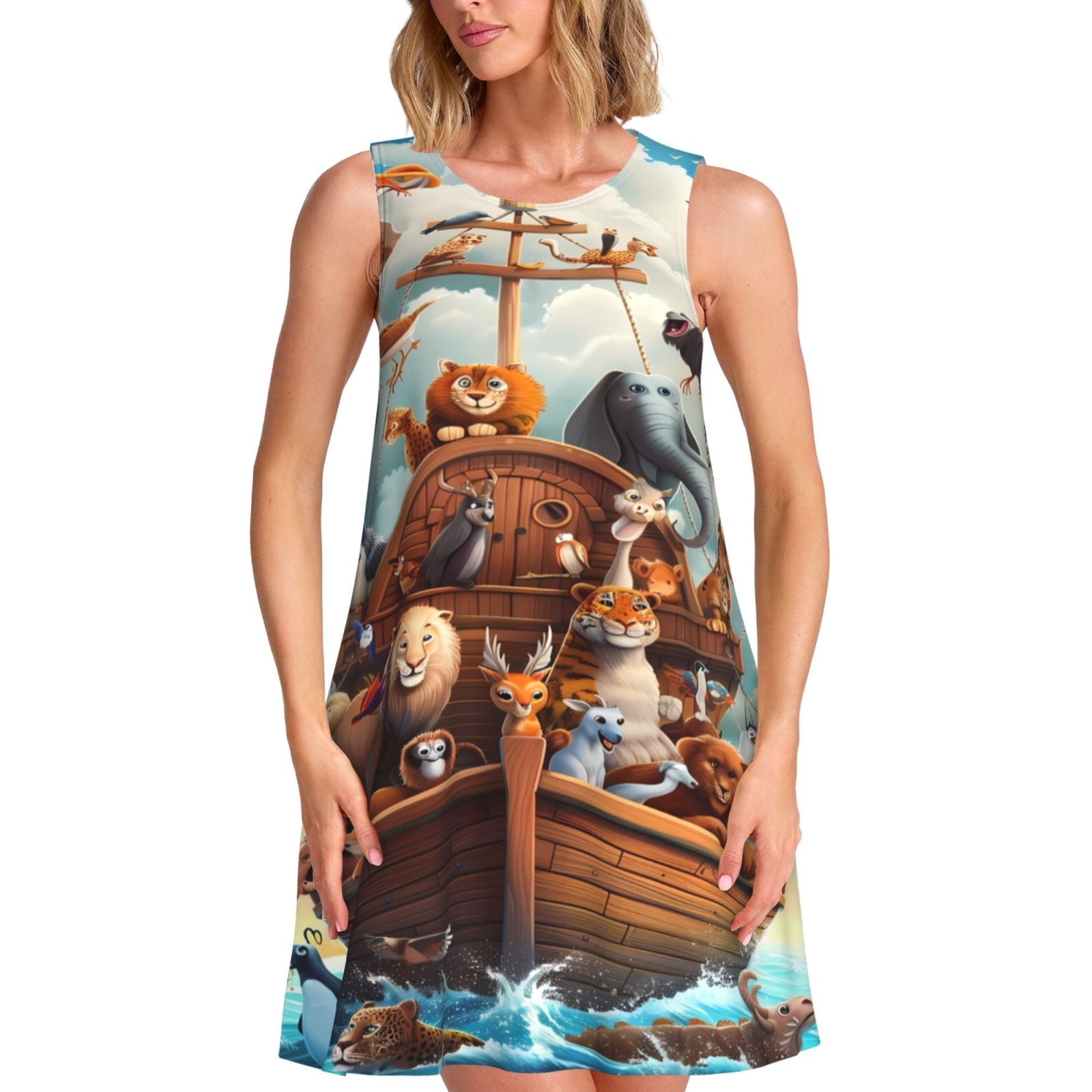 Picia Animal Filled Noahs Ark Print Women’s Sleeveless Midi Swing Dress ...