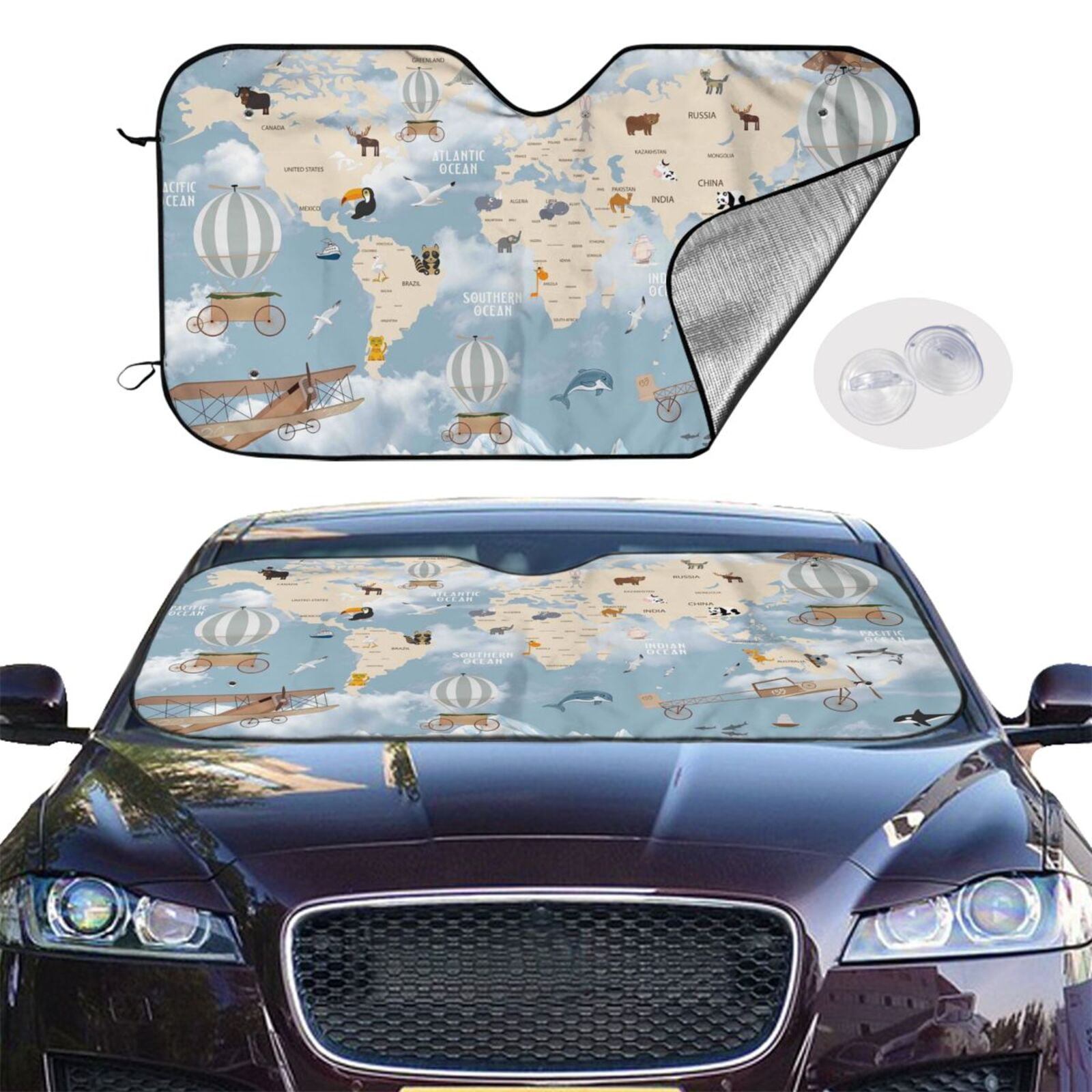 Picia Animals Travel World Map Curved Windshield Sunshade Accordion ...