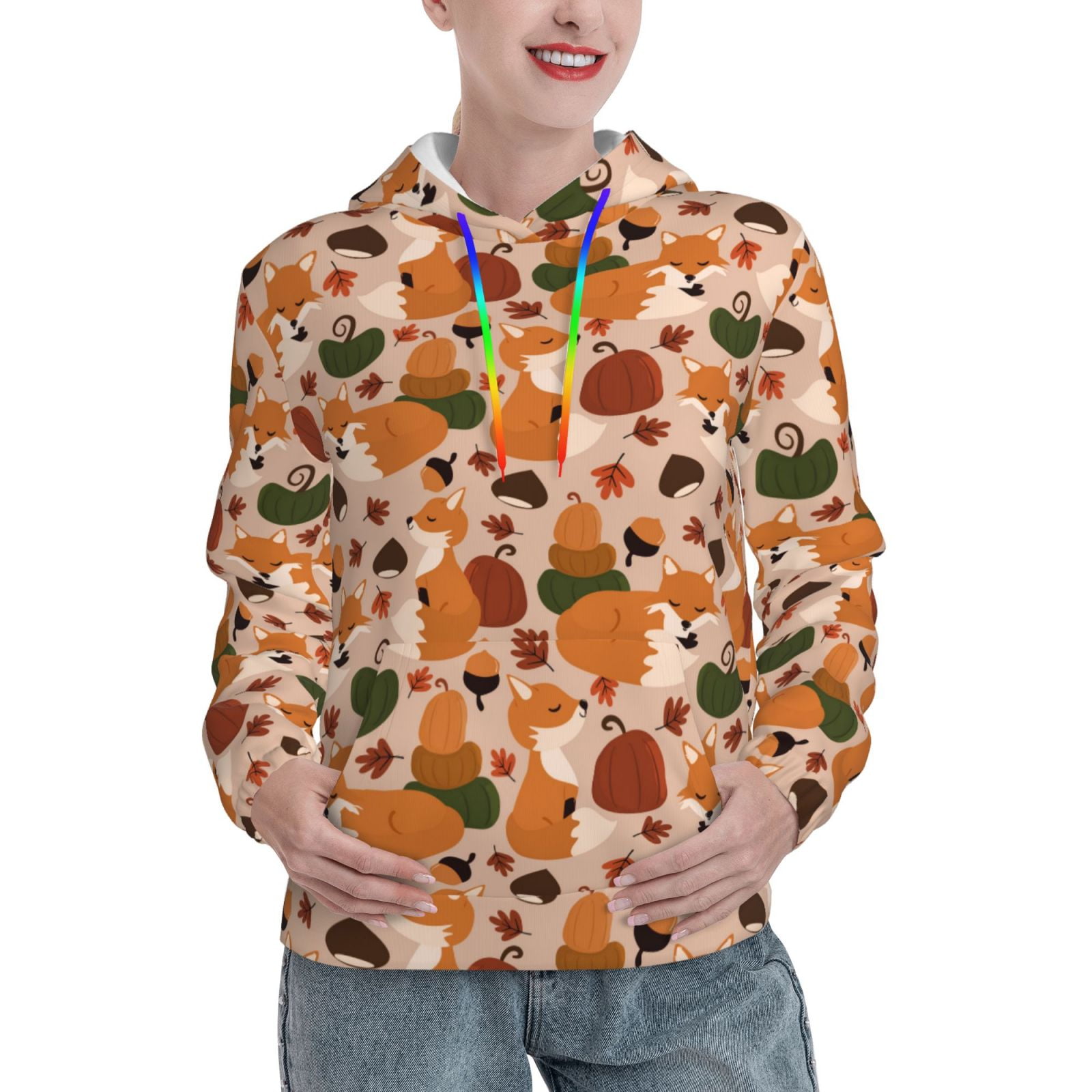 Picia Autumn Fox Pumpkin Lazy Pattern Casual Women's Hoodie, Hooded ...