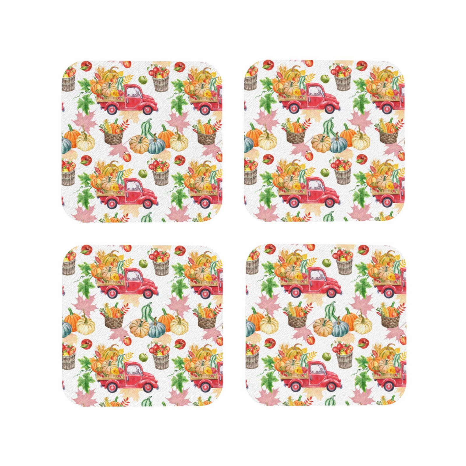Picia Autumn Harvest Truck Printed Leather Coasters for Drinks, 4 ...