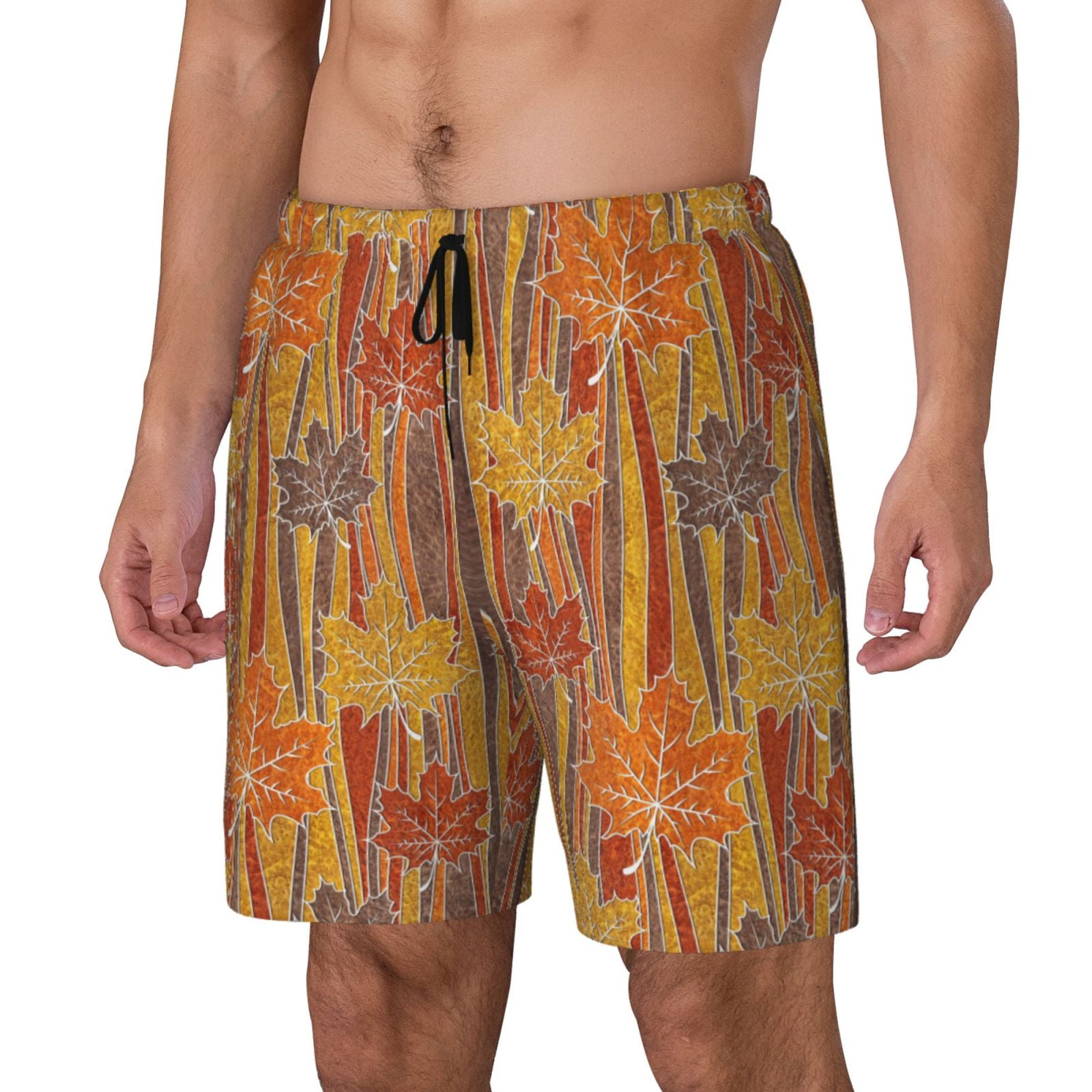 Picia Autumn Maple Leaf Stripes pattern Mens Swim Trunks with ...