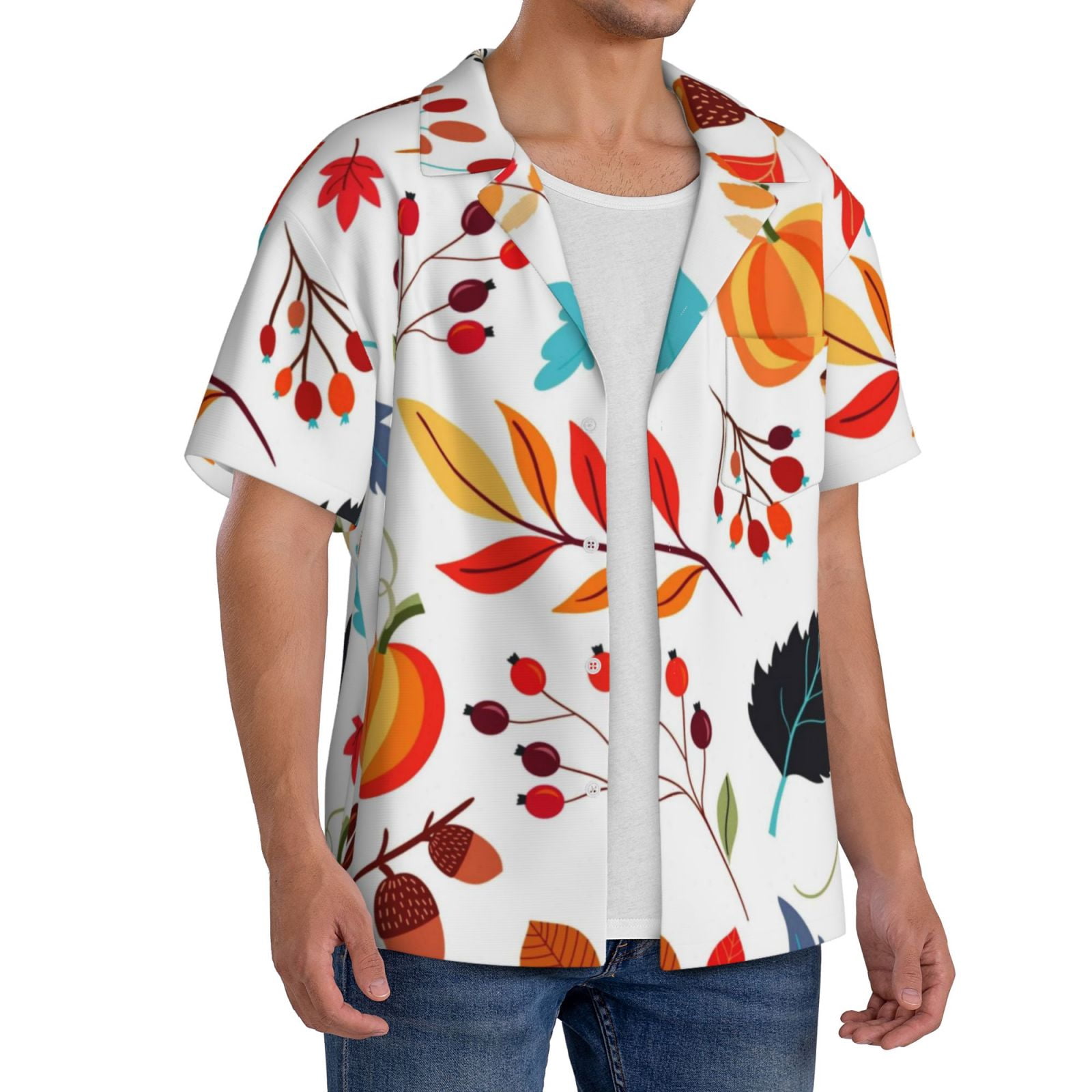 Picia Autumn Pumpkins Fall Leaves Men's Linen Shirts Short Sleeve Cuban ...