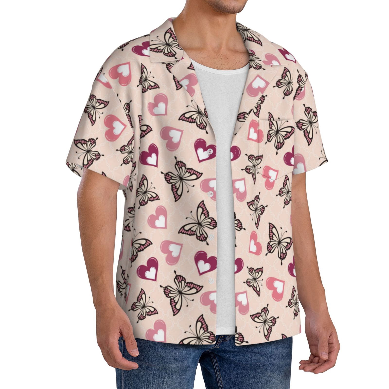 Picia Beautiful Butterflies and Hearts Men's Linen Shirts Short Sleeve ...