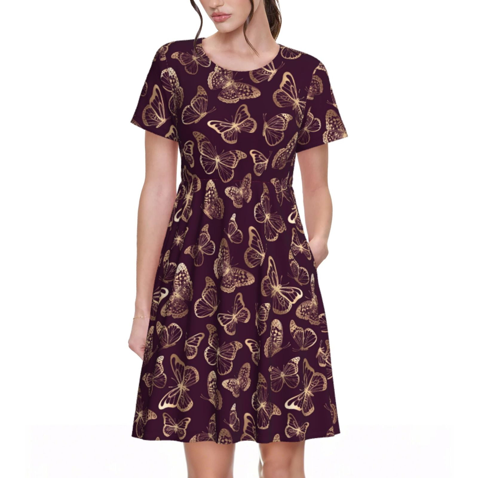 Picia Beautiful Purple Butterflies Pattern Women's Short Sleeve Summer Dress Pleated Loose Swing ...