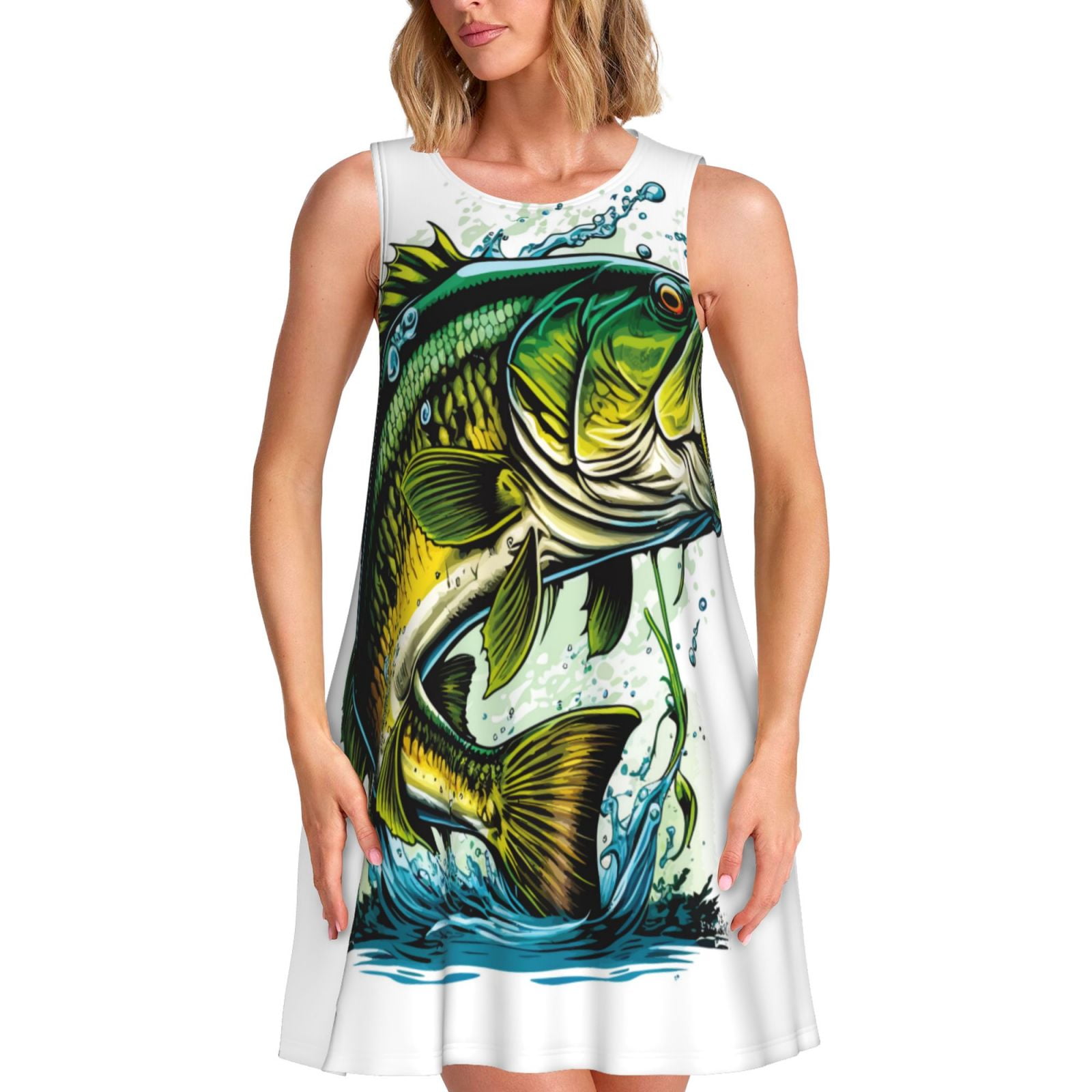 Picia Big bass fish Print Women’s Sleeveless Midi Swing Dress – A-Line ...
