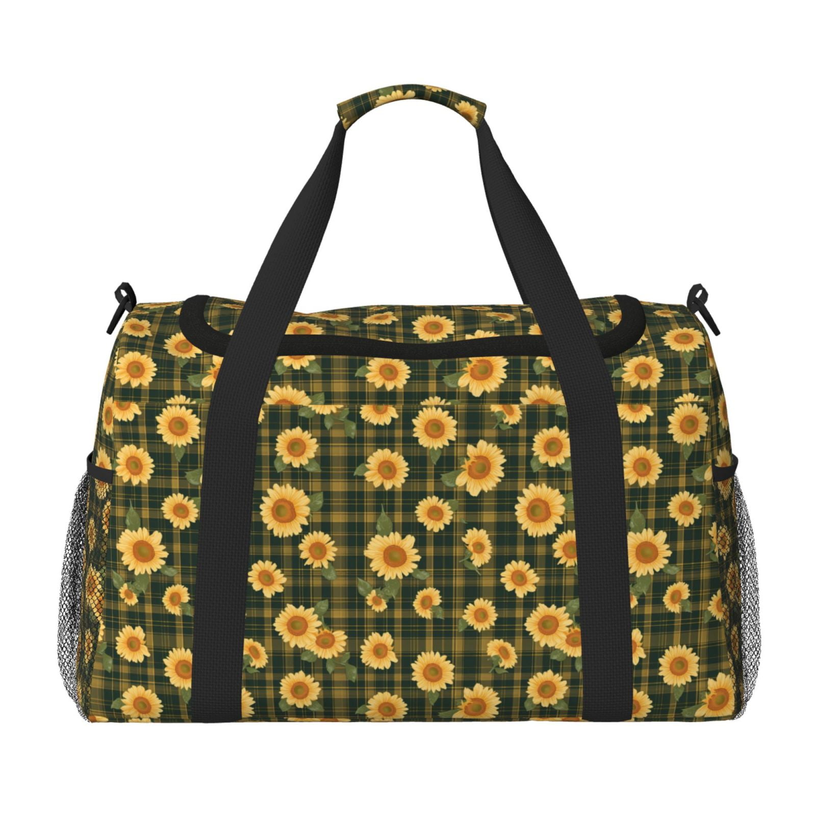 Picia Black Ink Green Plaid Sunflower Print Travel Duffle Bag,Weekender Bags for Women with Shoe ...