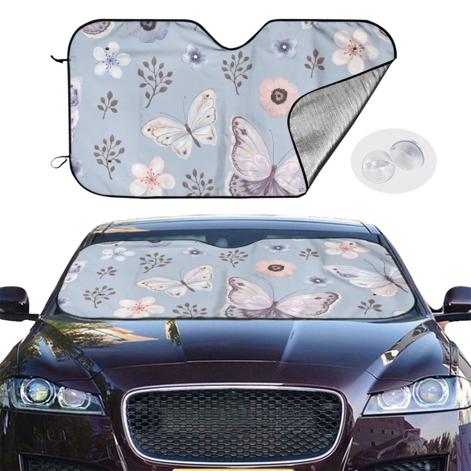 Picia Blue Butterfly Curved Windshield Sunshade Accordion Folding Style ...