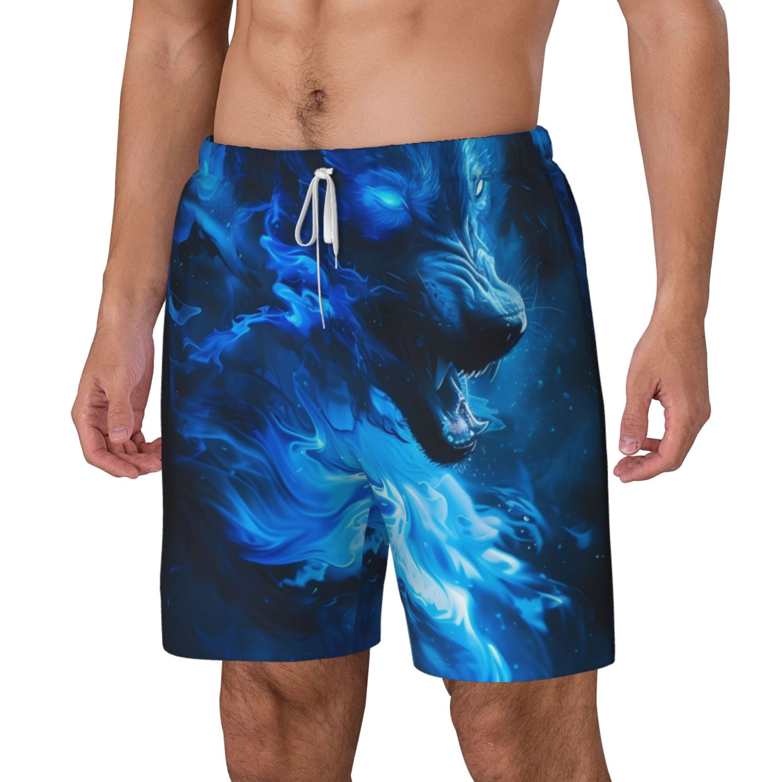 Picia Blue Fire Cool Wolf pattern Mens Swim Trunks with Compression ...