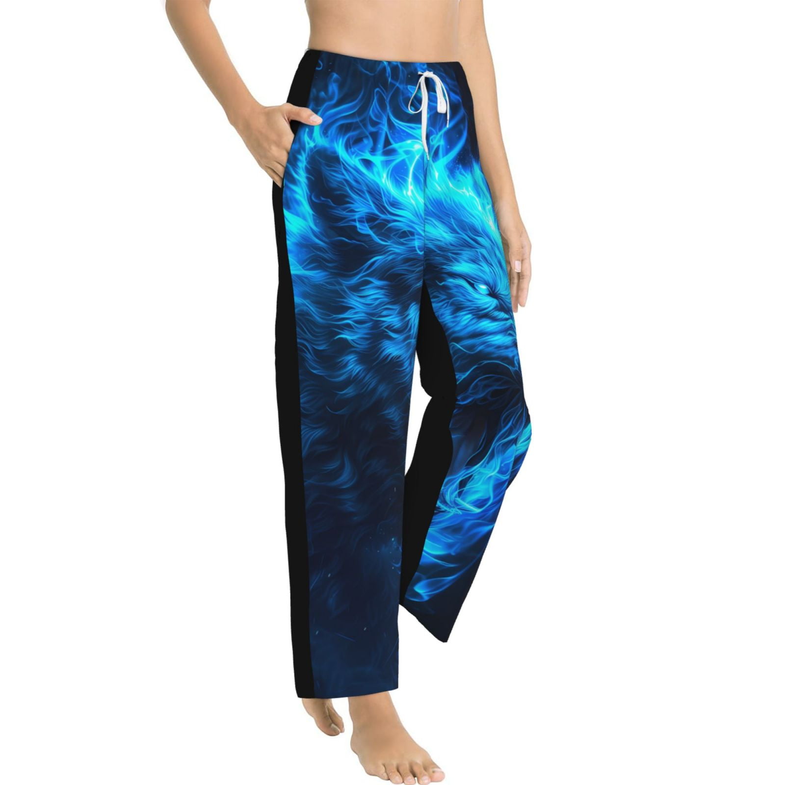 Picia Blue Fire Wolf Womens Soft Woven Cotton Elastic Waistband Sleep ...