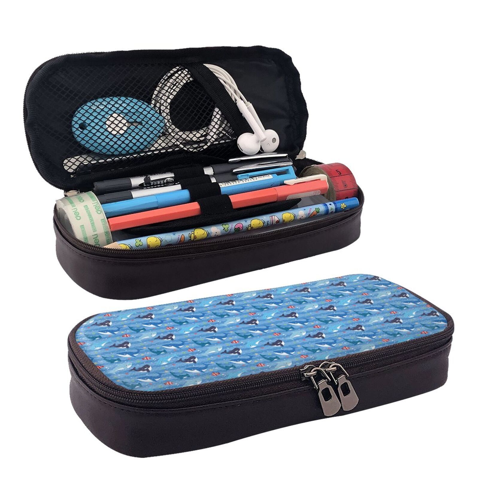 Picia Blue Fish Pattern Large Capacity PU Leather Pencil Case Organizer ...