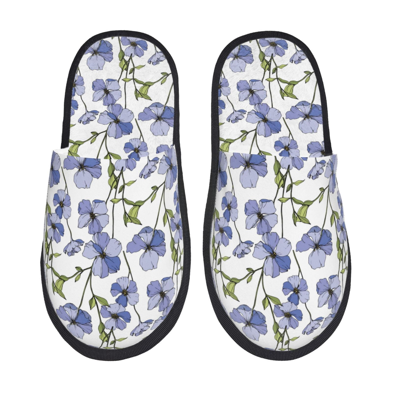 Picia Blue Flax Flowers Print Women's Fuzzy Fluffy House Slippers Plush ...
