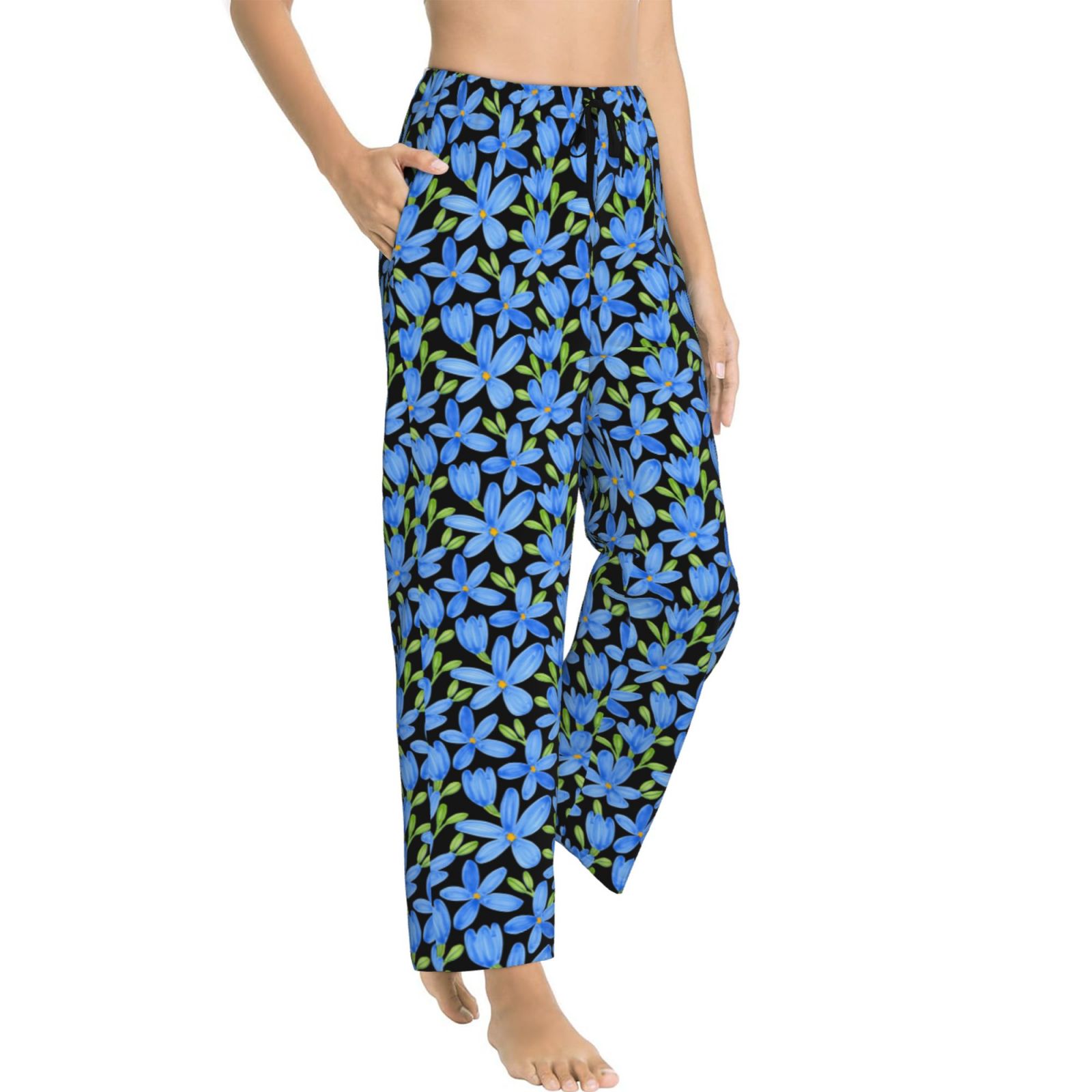 Picia Blue Flowers Womens Soft Woven Cotton Elastic Waistband Sleep ...