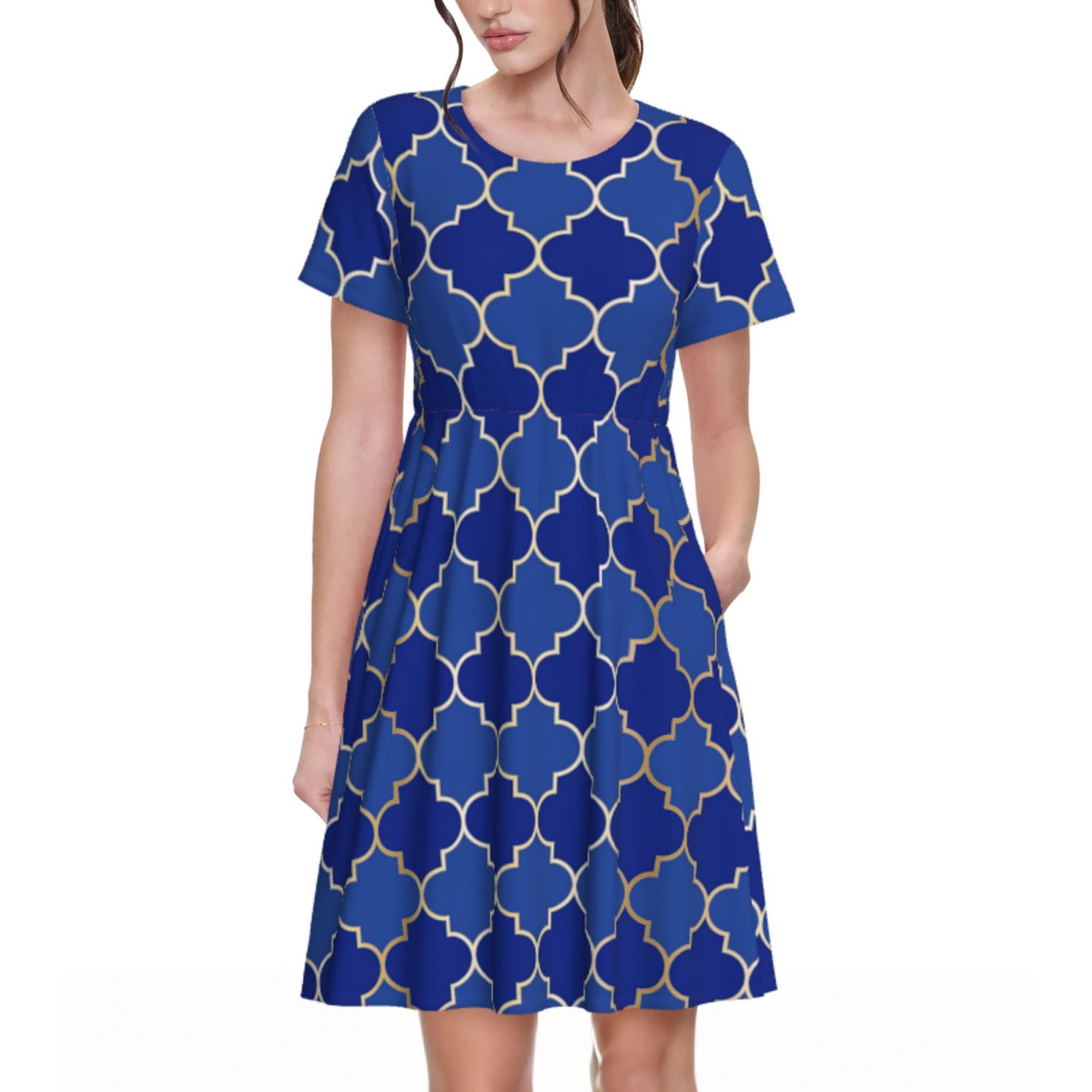 Picia Blue Gold Grid Lantern Shapes Pattern Women's Short Sleeve Summer ...