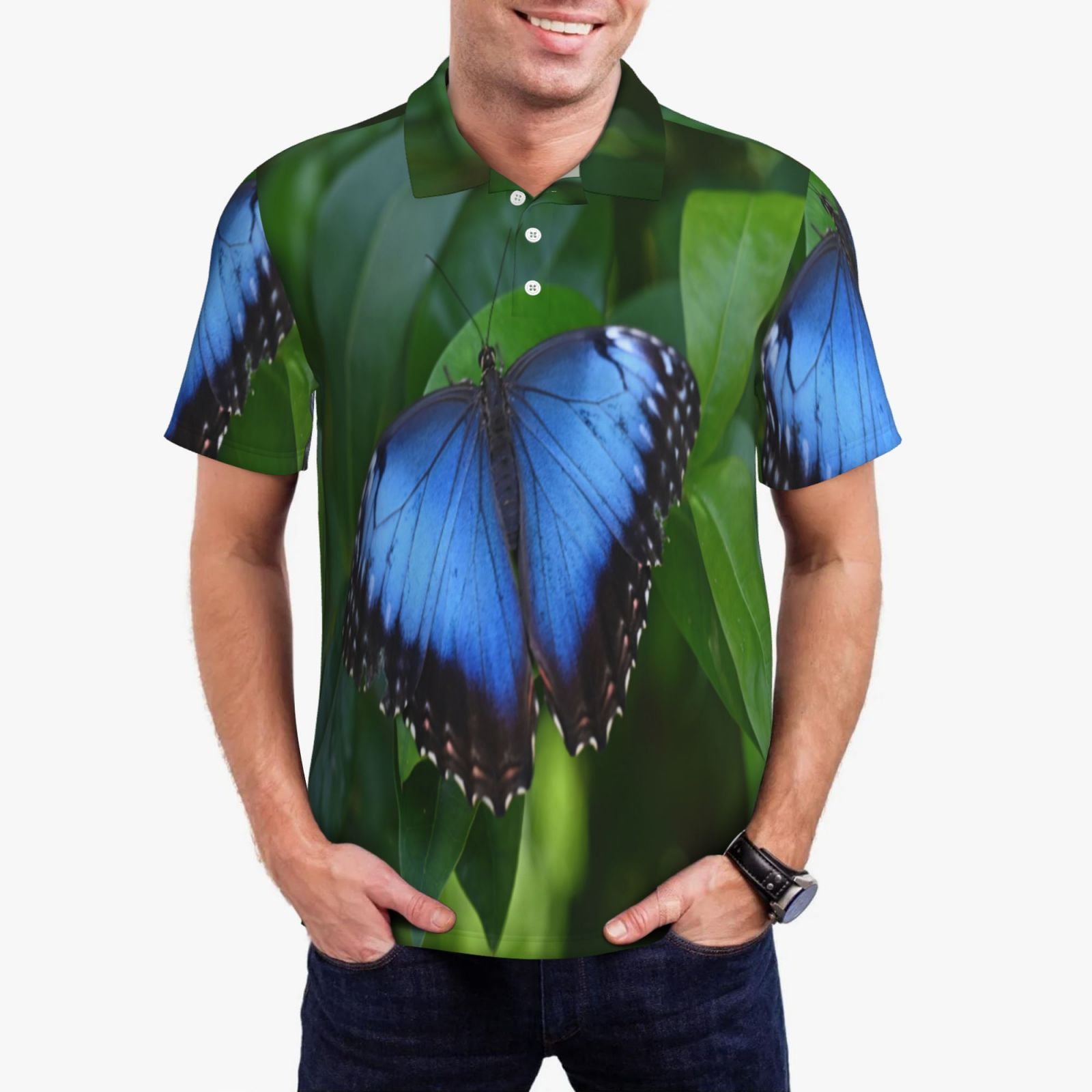 Picia Blue Morpho butterfly Print Men's Polo Shirt, Two-Button Closure Pique Polo Shirt, Summer ...