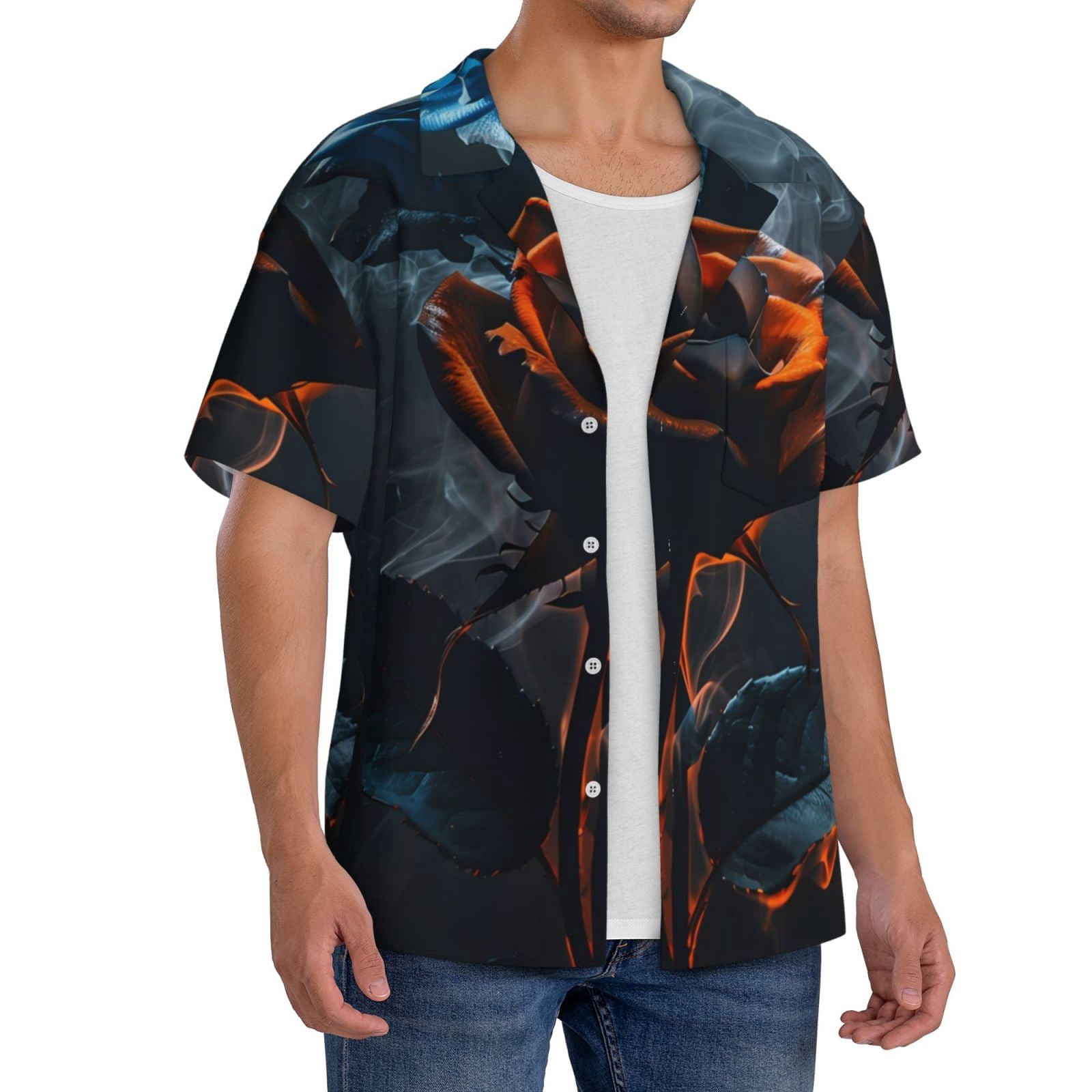 Picia Blue and Red Roses Artwork Men's Linen Shirts Short Sleeve Cuban ...