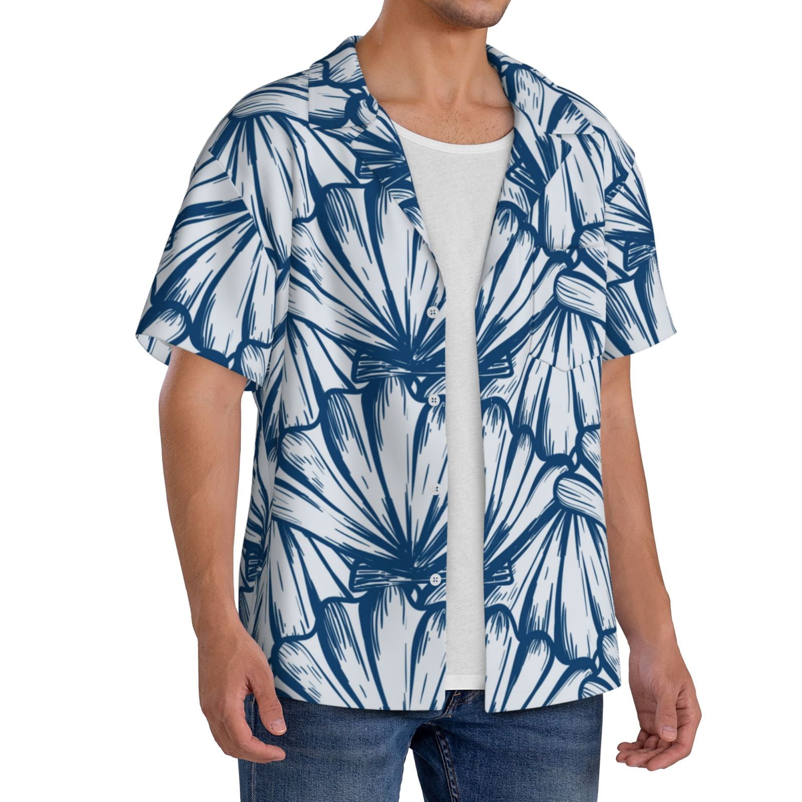 Picia Blue Shells Men's Linen Shirts Short Sleeve Cuban Beach Shirts ...