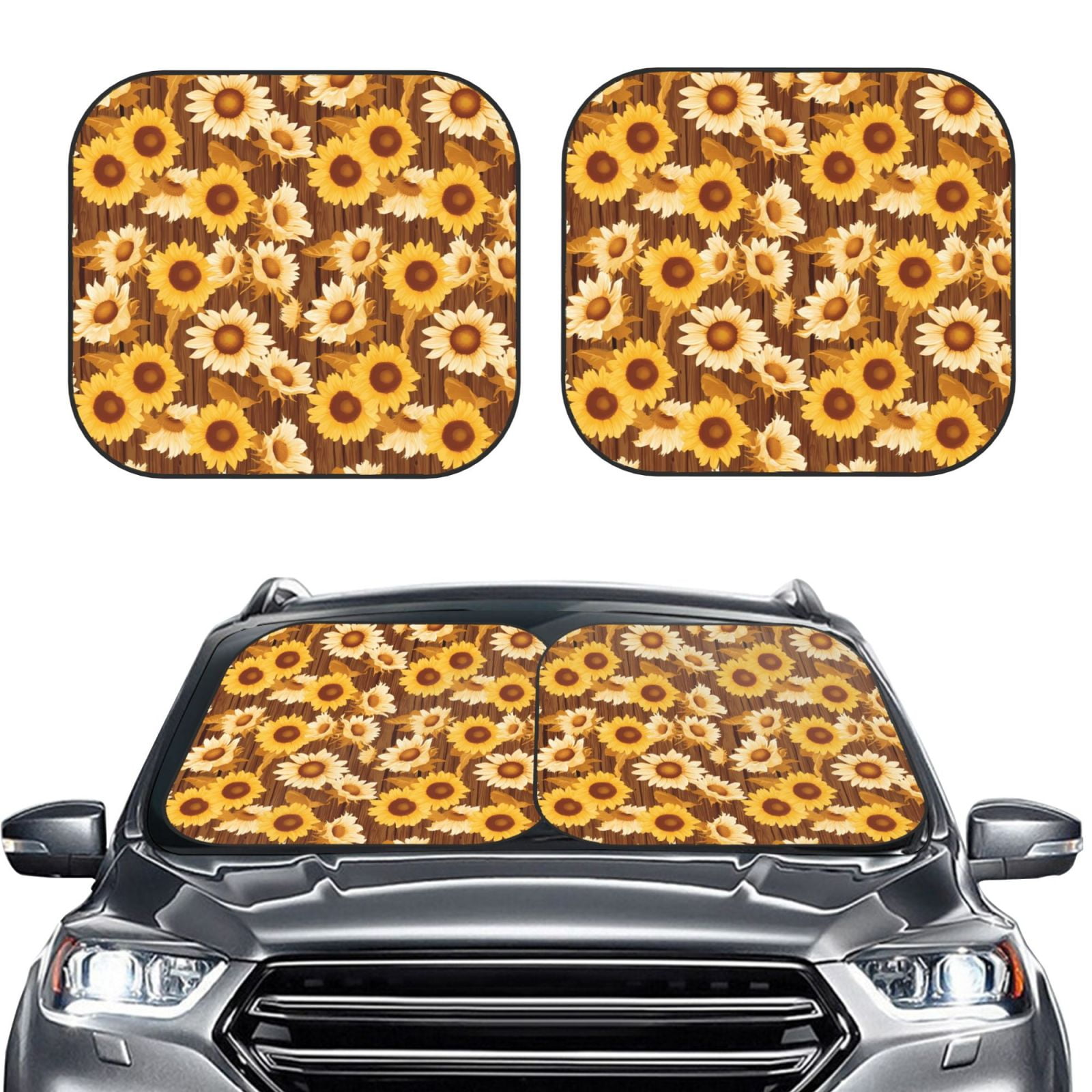 Picia Brown Wood Grain Sunflower B 2 Piece Car Windshield Sun Shade ...