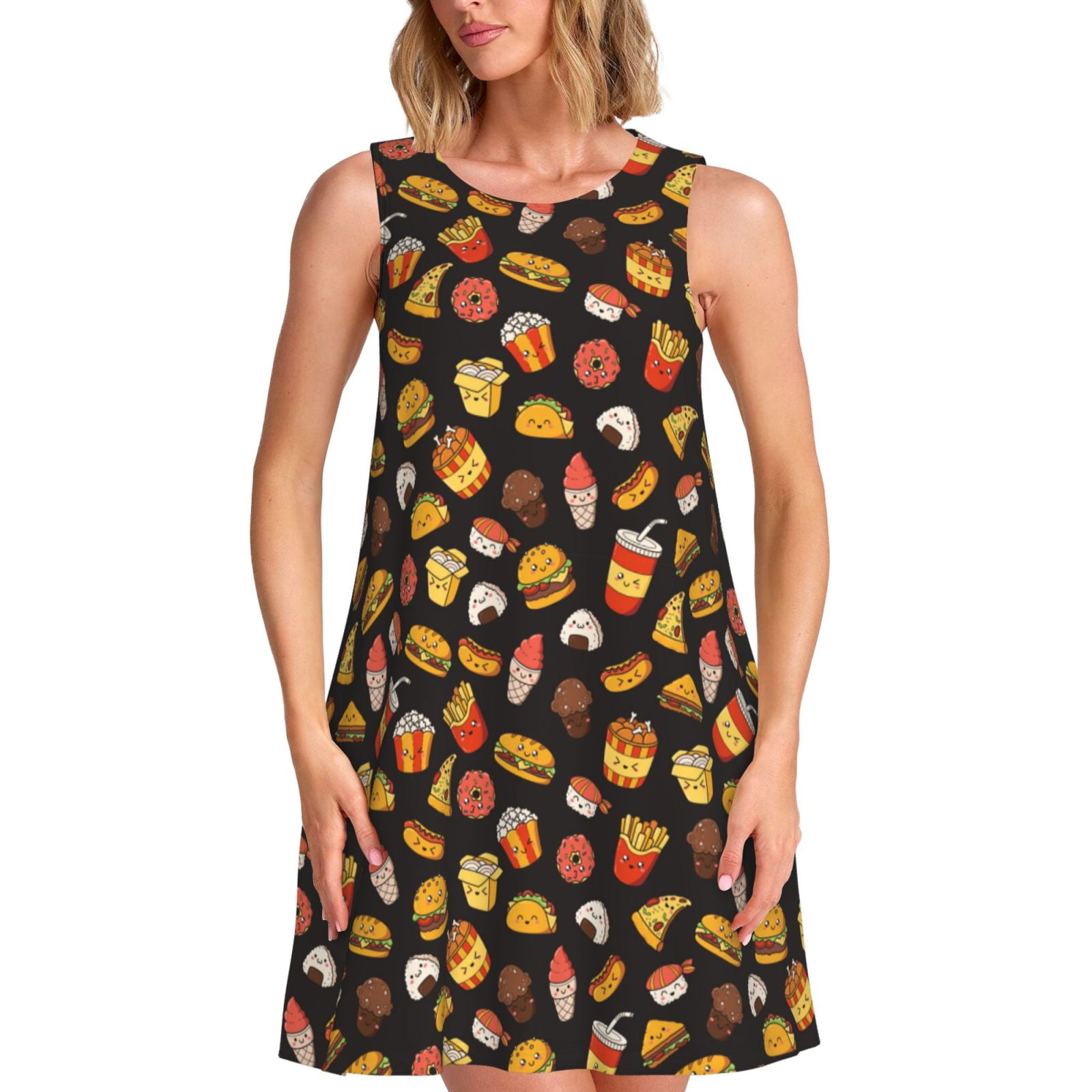 Picia Burger Fries Print Women’s Sleeveless Midi Swing Dress – A-Line ...