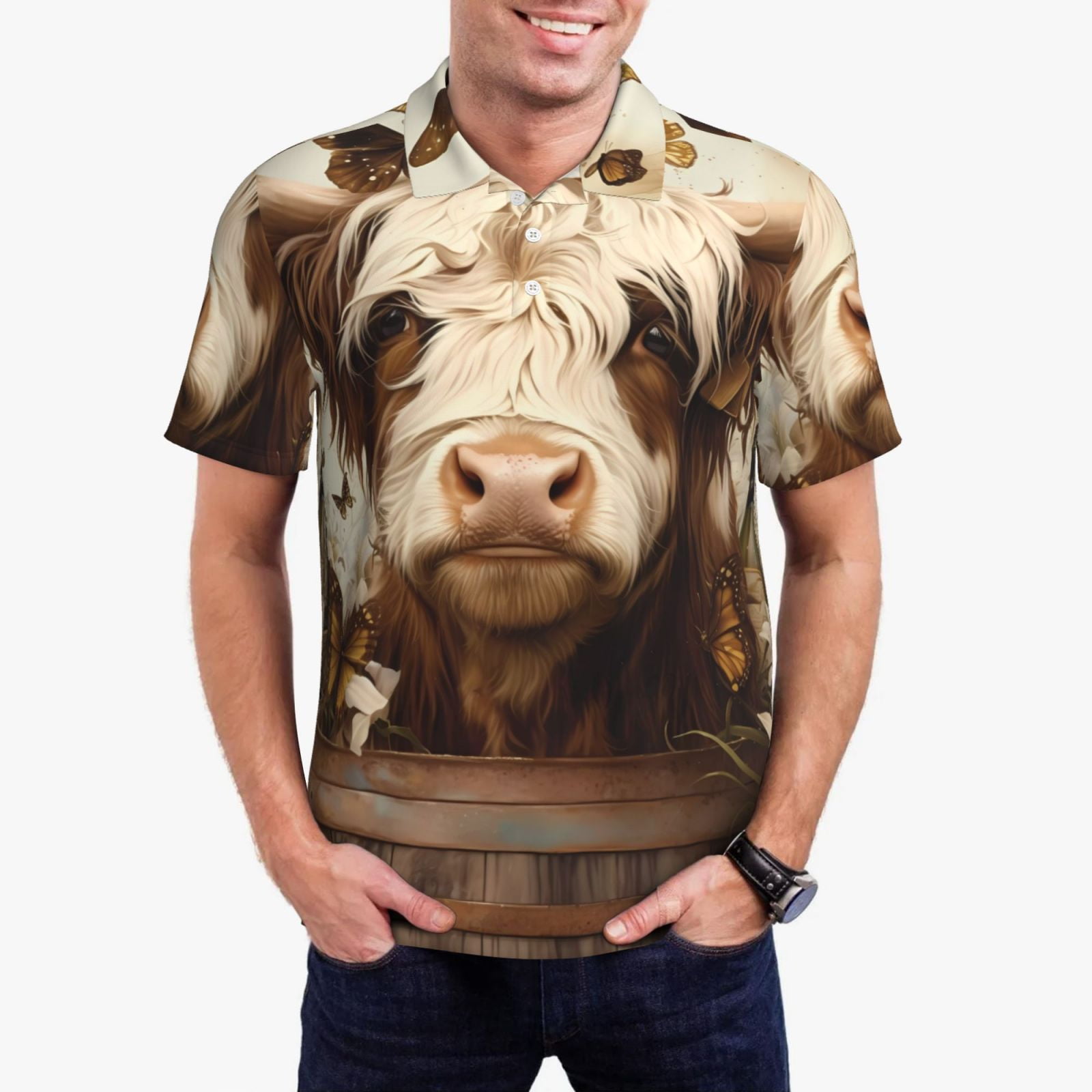 Picia Butterfly Cow Barrel Print Men's Polo Shirt, Two-Button Closure ...