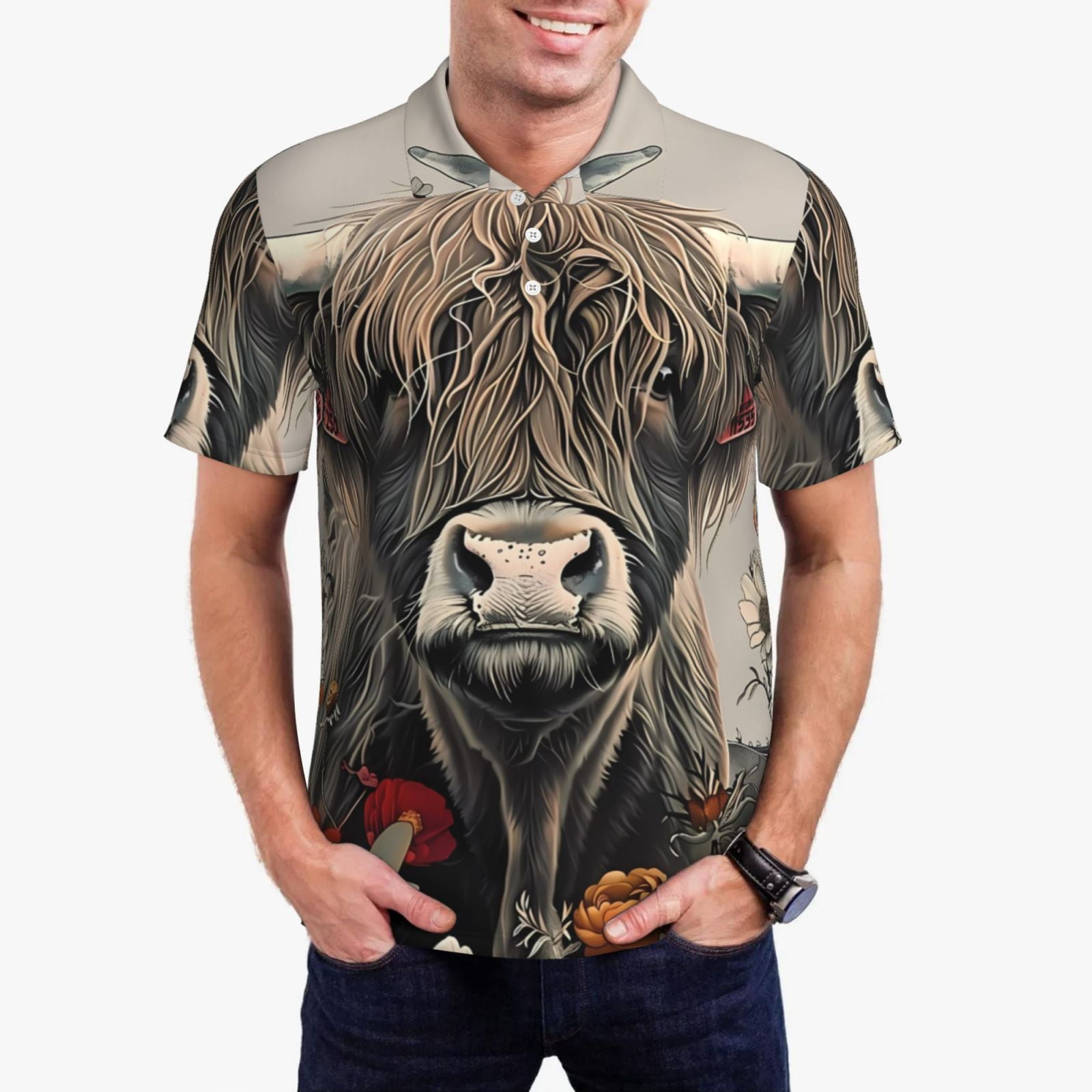 Picia Butterfly Cow With Flowers Print Men's Polo Shirt, Two-Button ...