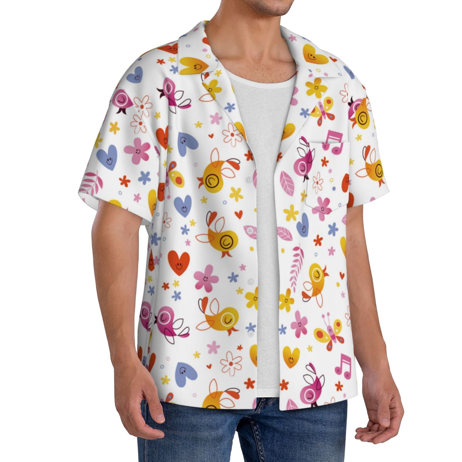 Picia Cartoon Birds & Flowers Men's Linen Shirts Short Sleeve Cuban ...