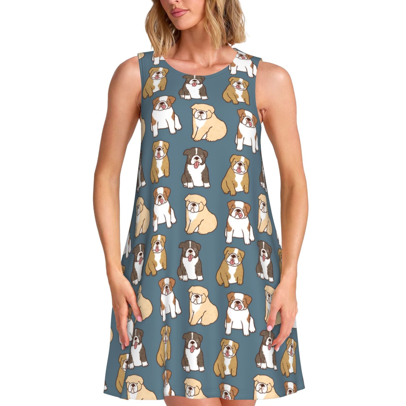 Picia Cartoon Bulldog 1 Print Women’s Sleeveless Midi Swing Dress – A ...