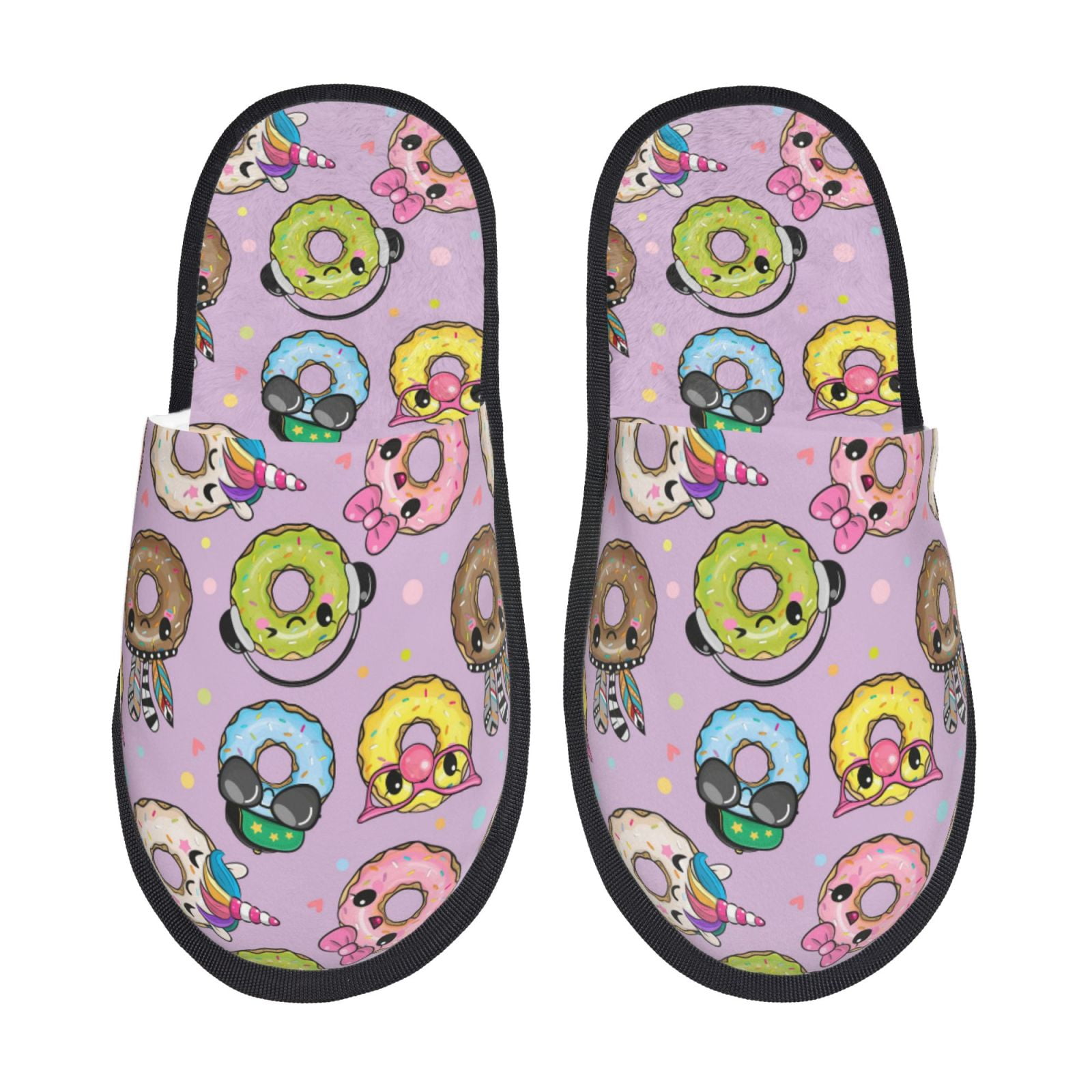 Picia Cartoon Donuts Print Women's Fuzzy Fluffy House Slippers Plush ...