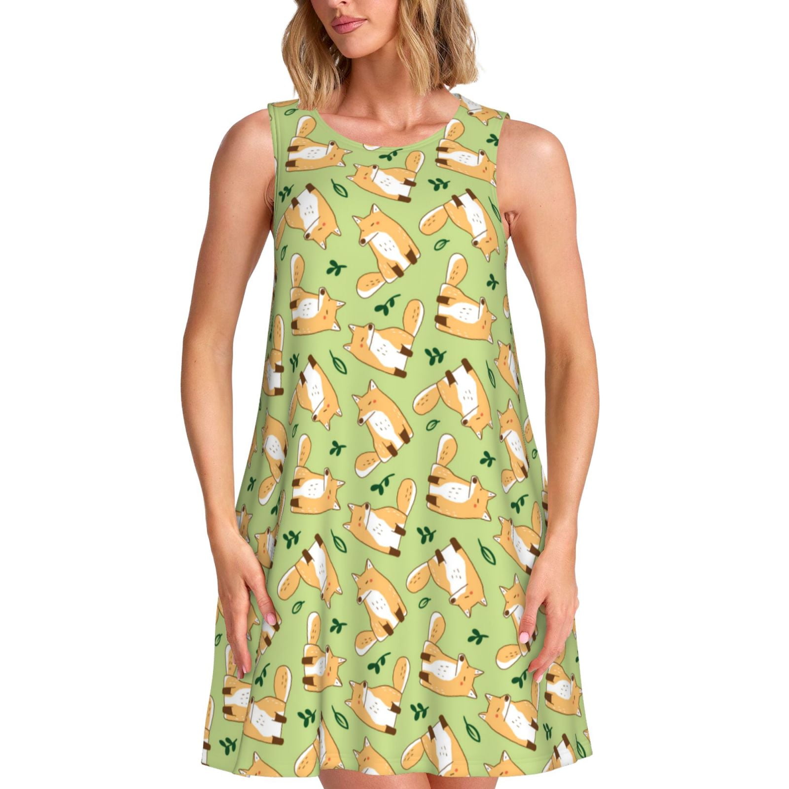 Picia Cartoon Fox 2 Print Women’s Sleeveless Midi Swing Dress – A-Line ...