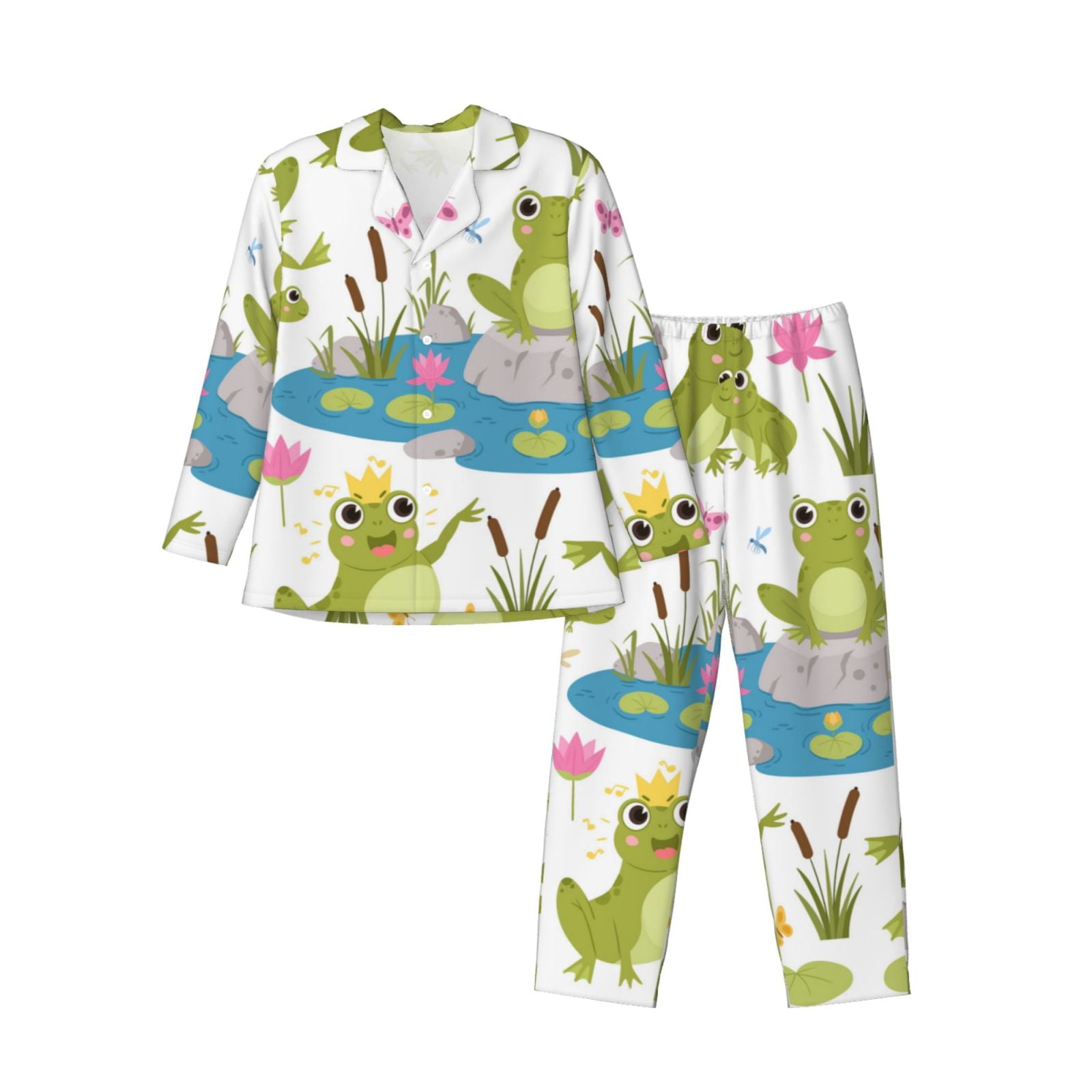 Picia Cartoon Frogs Pattern Men’s Long-Sleeve Sleepwear Set - Soft 2-Piece Loungewear with ...