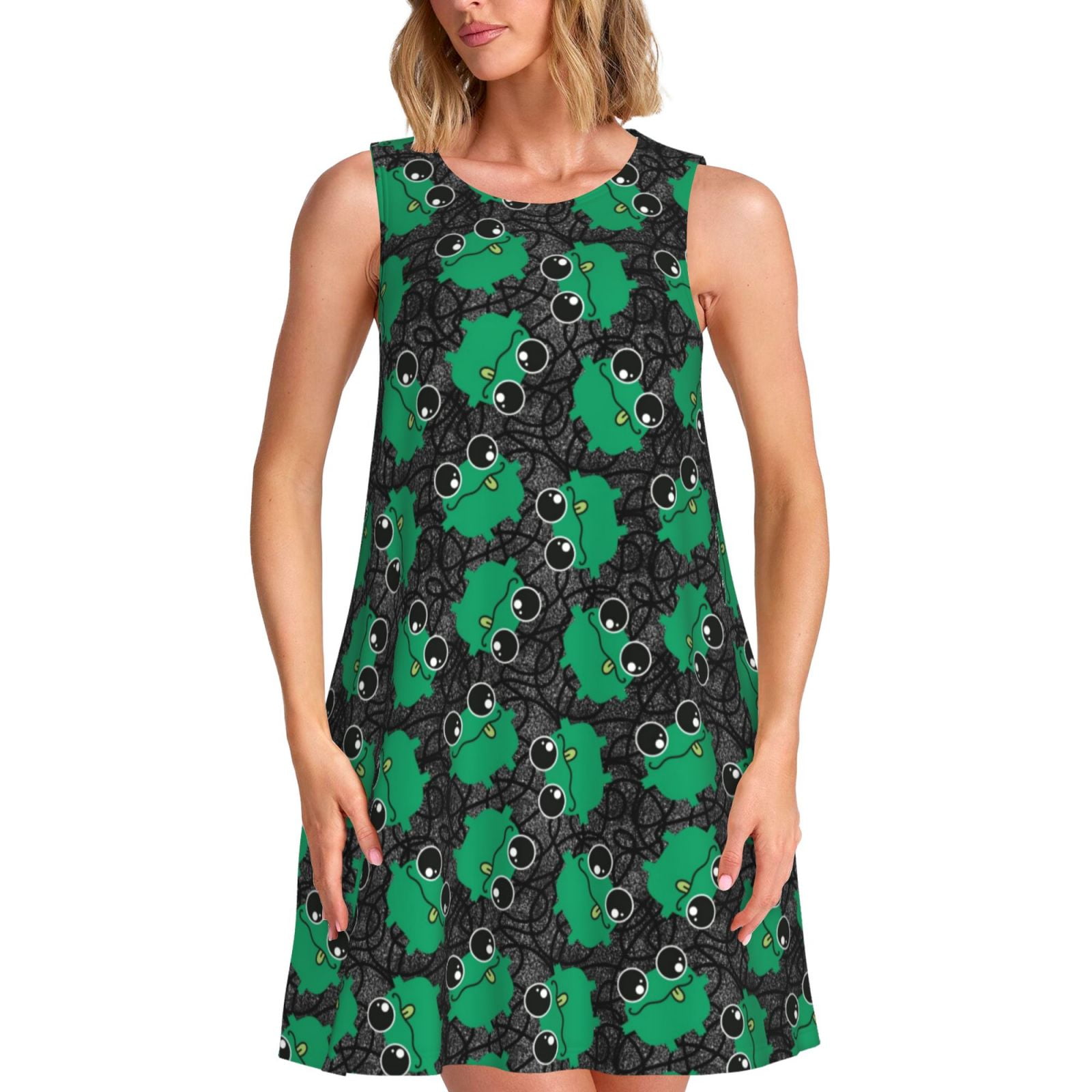 Picia Cartoon Kawaii Frogs Print Women’s Sleeveless Midi Swing Dress ...