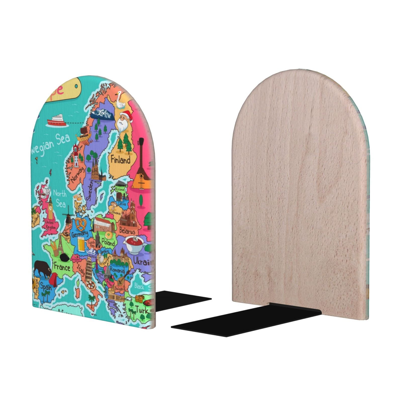Picia Cartoon Map Of Europe Pattern Wood Bookends for Shelves,Non-slip ...